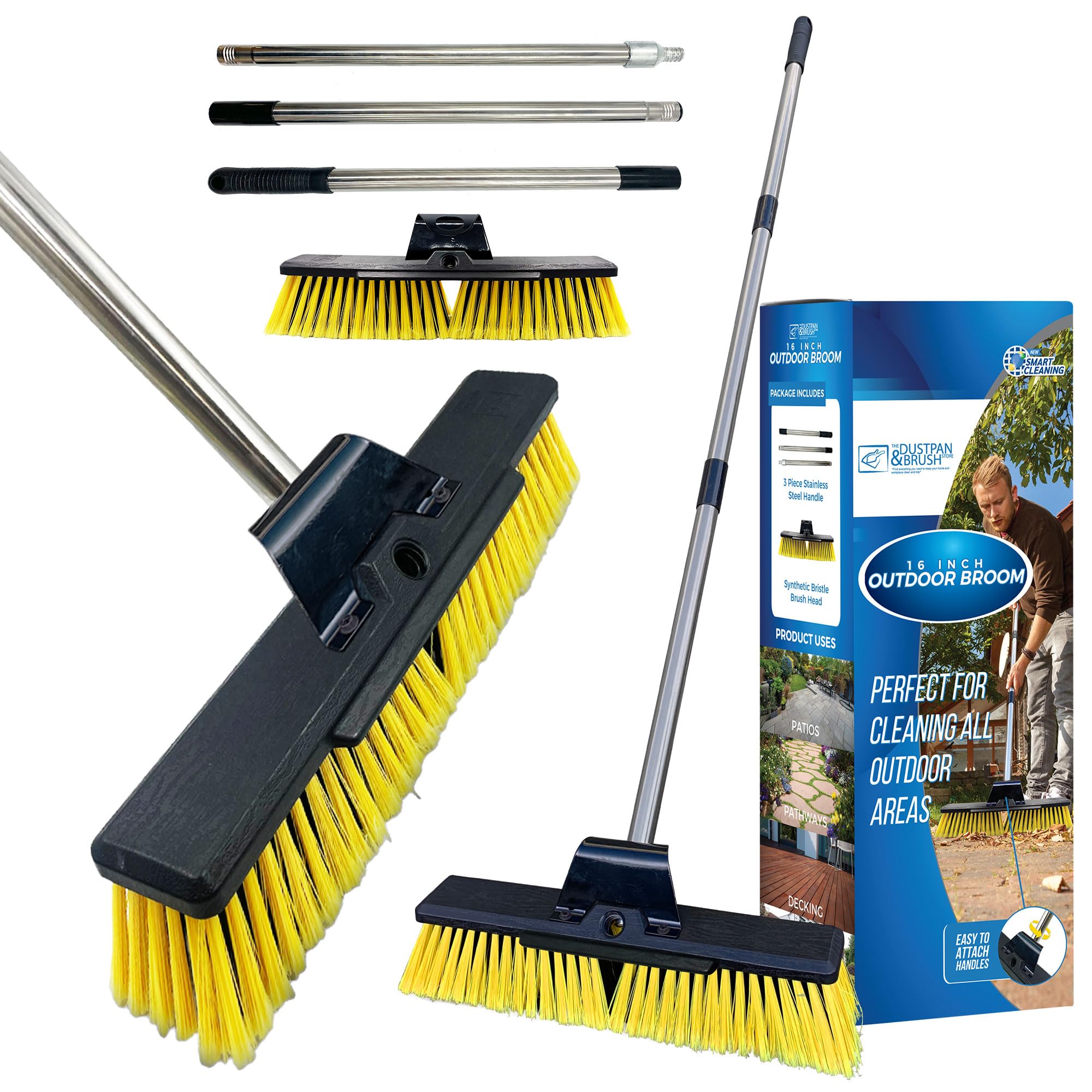 Heavy Duty Garden Broom Outdoor 16" Stiff Hard Brush & Metal Handle for ...