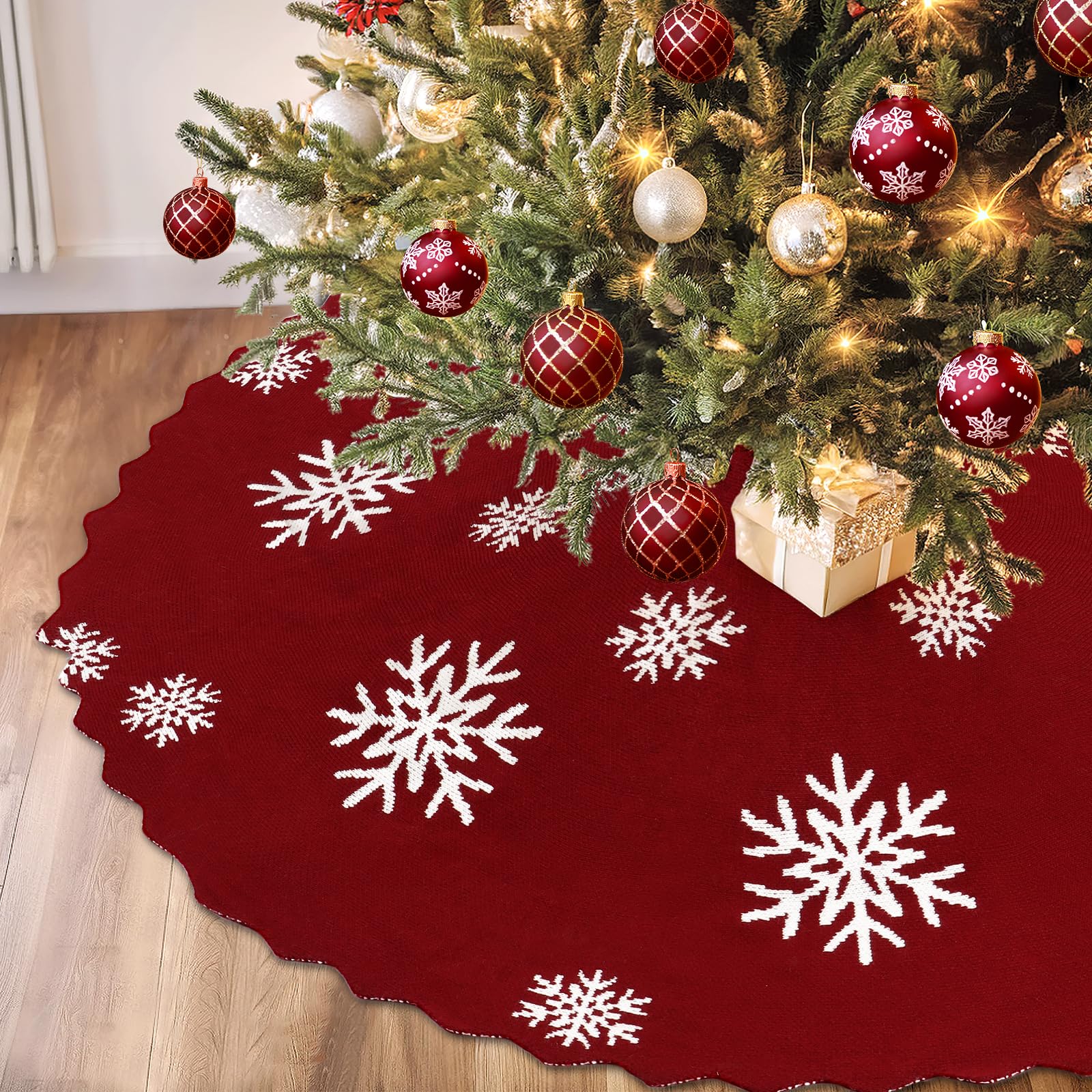 MEIVINES 36Inch Knitted Christmas Tree Skirt with Snowflake Red Knit ...