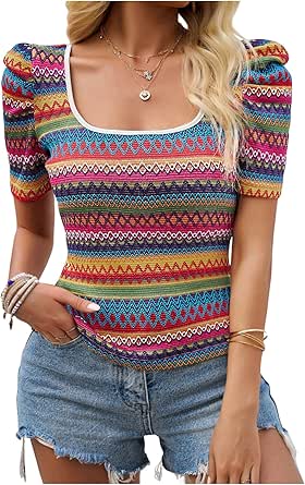 Amazon.com: SweatyRocks Women's Colorblock Short Puff Sleeve Tee Top ...