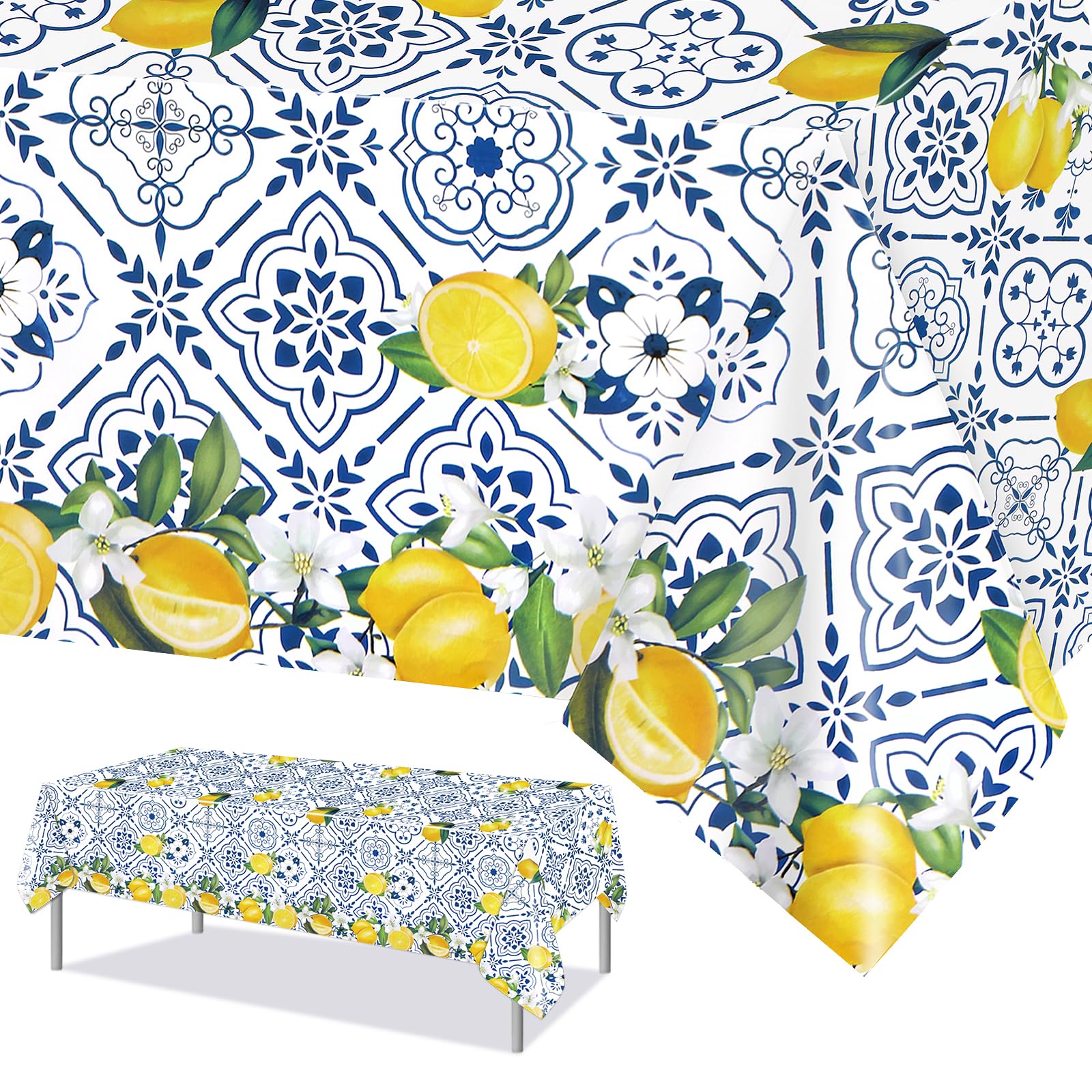 Amazon.com: PHOGARY 3 PCS Lemon Tablecloth Disposable Blue Tile Plastic ...
