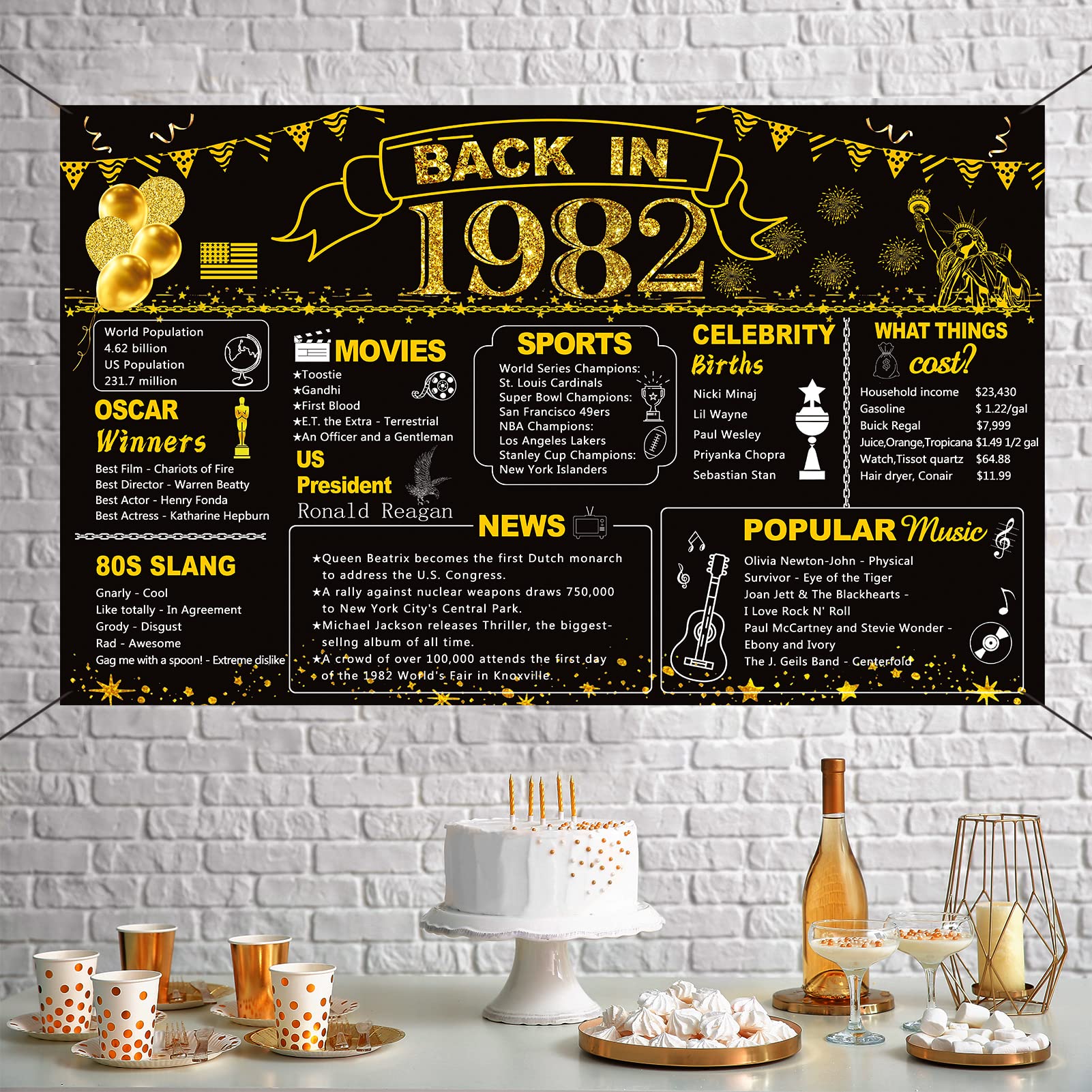 DARUNAXY 40th Birthday Black Gold Party Decoration, Back in 1982 Banner ...