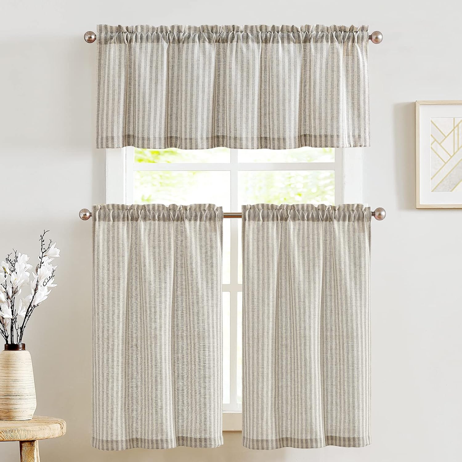 Amazon.com: jinchan Striped Kitchen Curtains and Valance Set 24 Inch Tier Curtains Grey Ticking ...