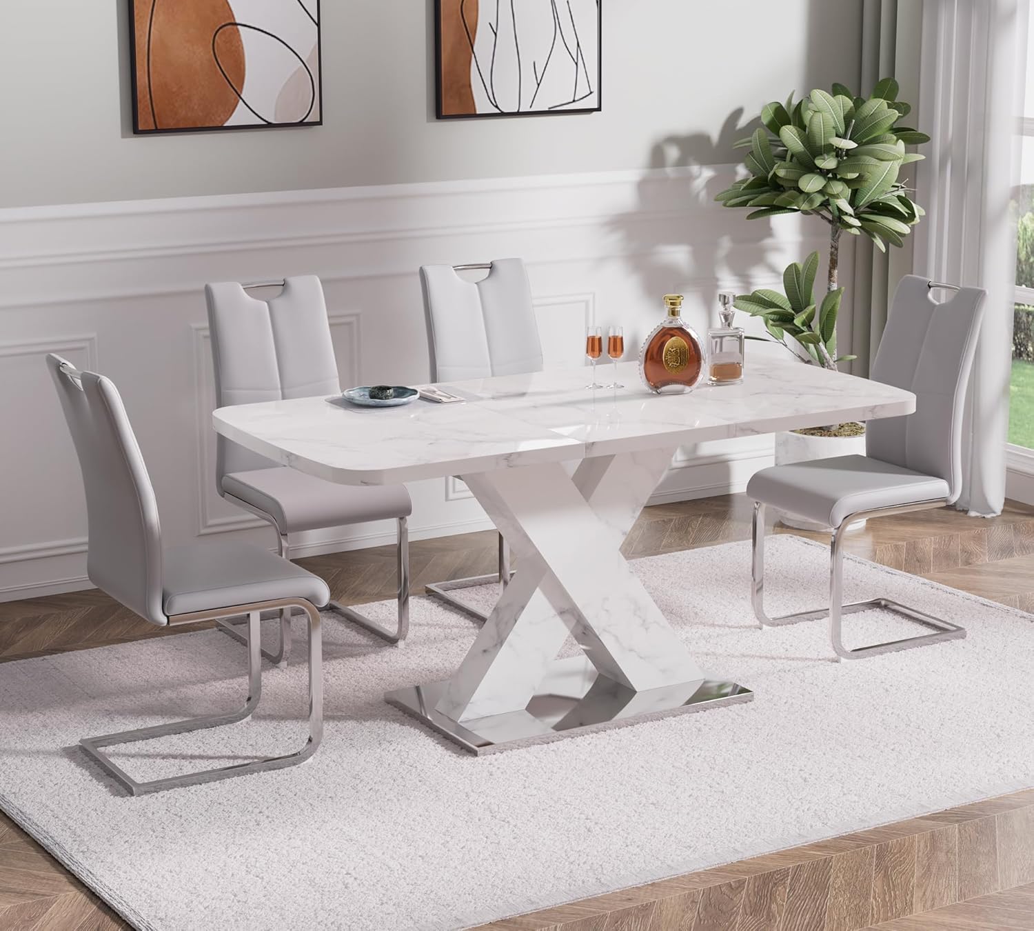 Amazon.com: HomVent 5 Piece Marble Dining Table Table Set, White Marble ...