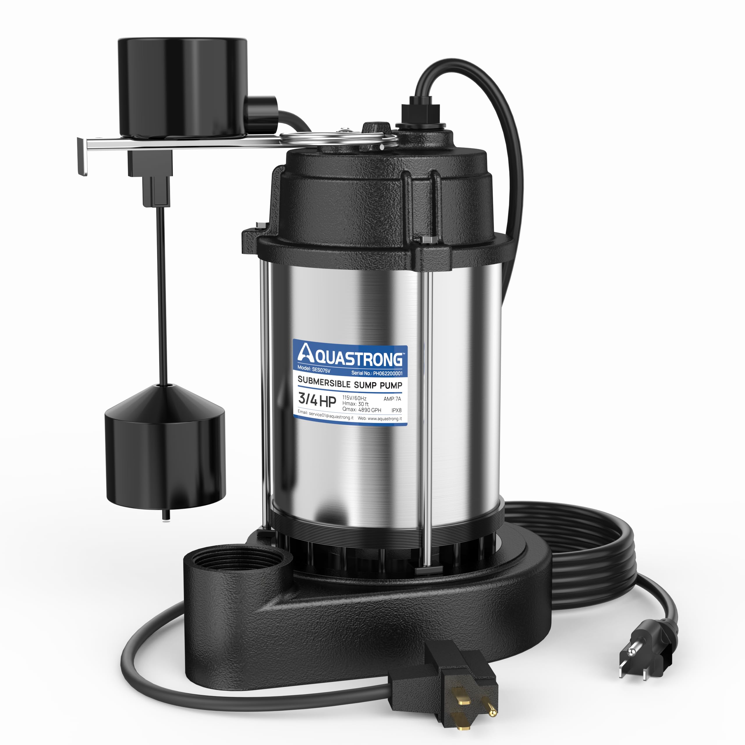 AQUASTRONG 3/4 HP Sump Pump Submersible, 4890 GPH Stainless Steel and ...