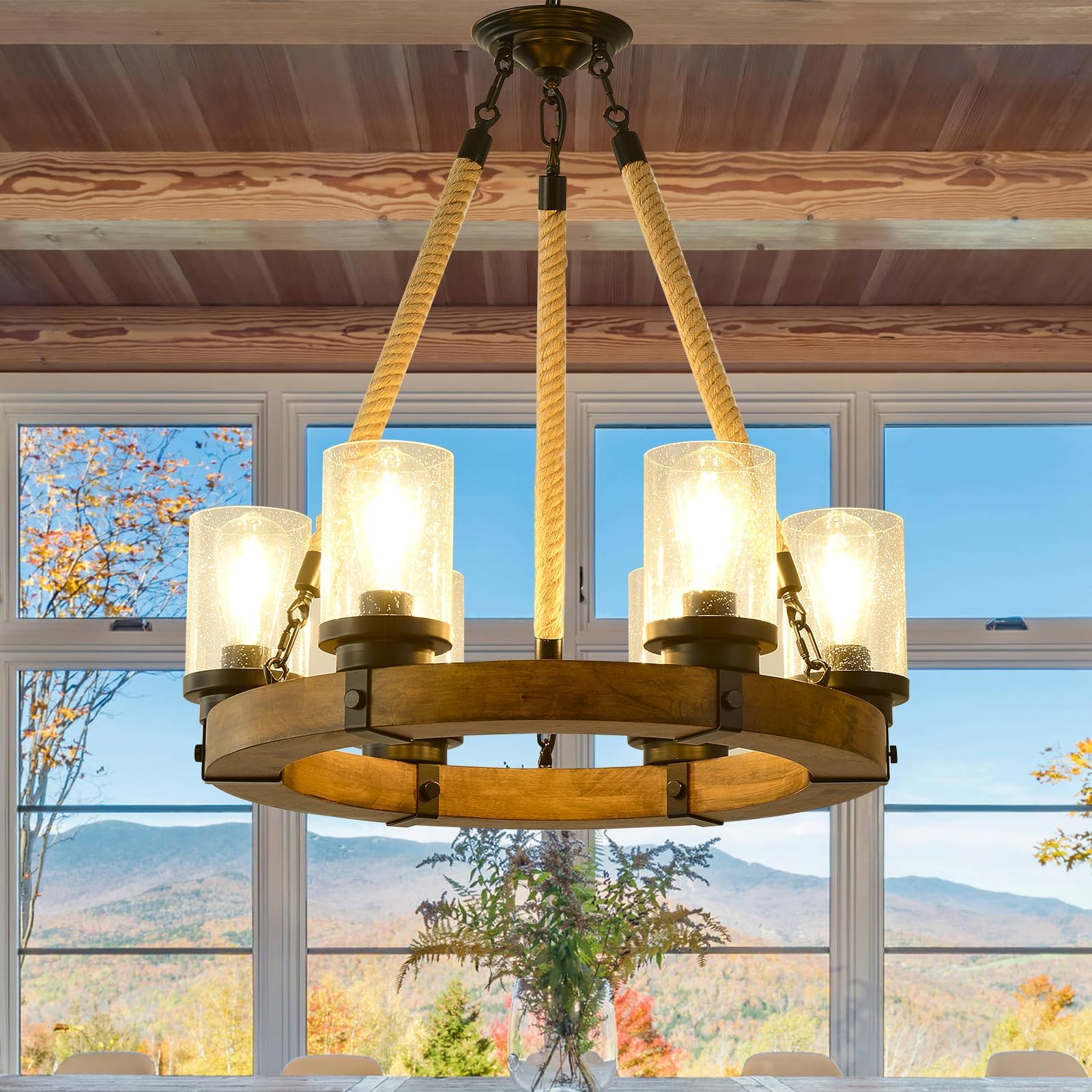 Rustic Wagon Wheel Chandelier with Seeded Glass Shade, 6 Light Round ...