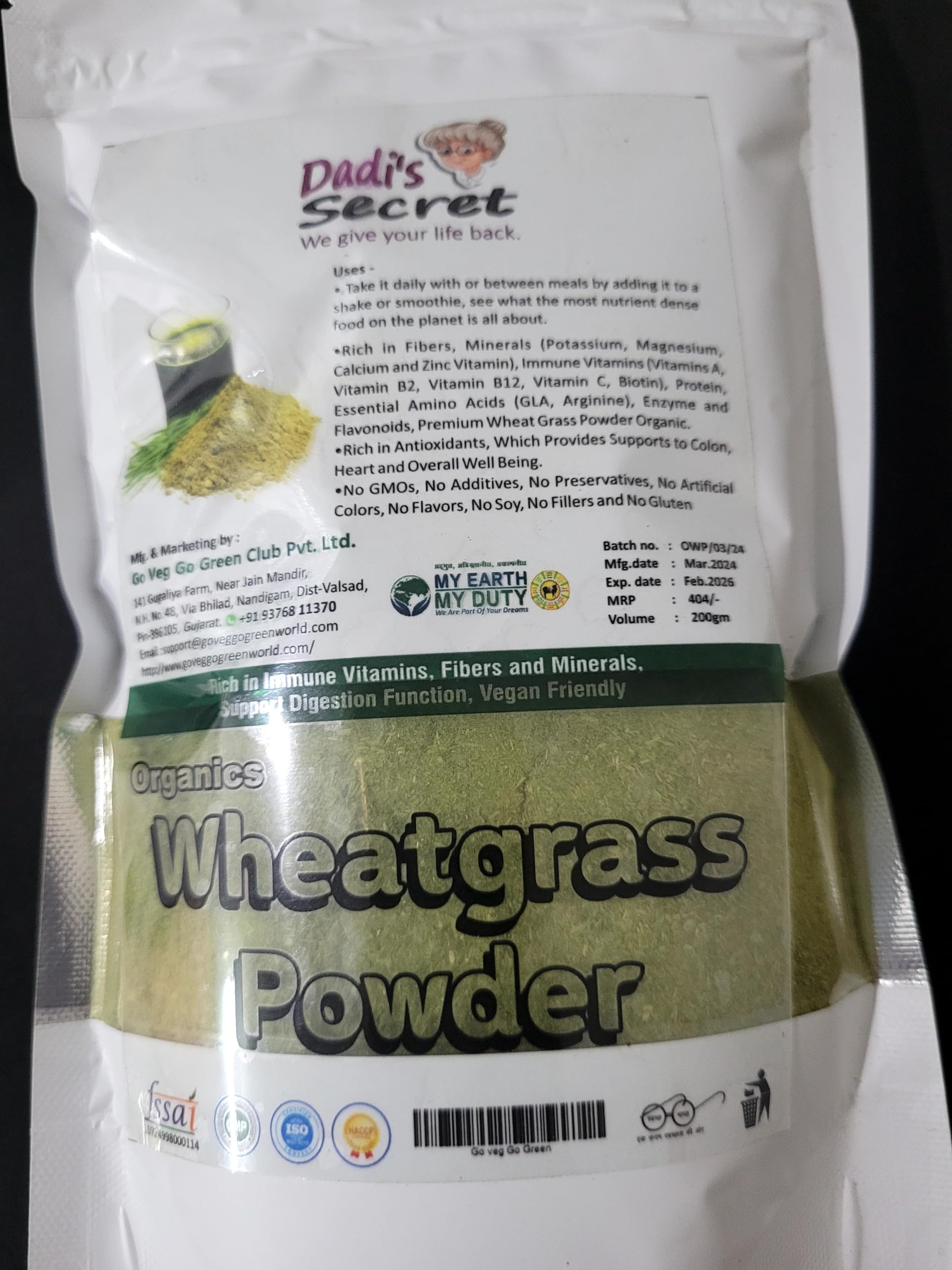 Dadi's Secret 100% Organic Wheat Grass Powder 200 Gm Non-GMO, Vegan ...