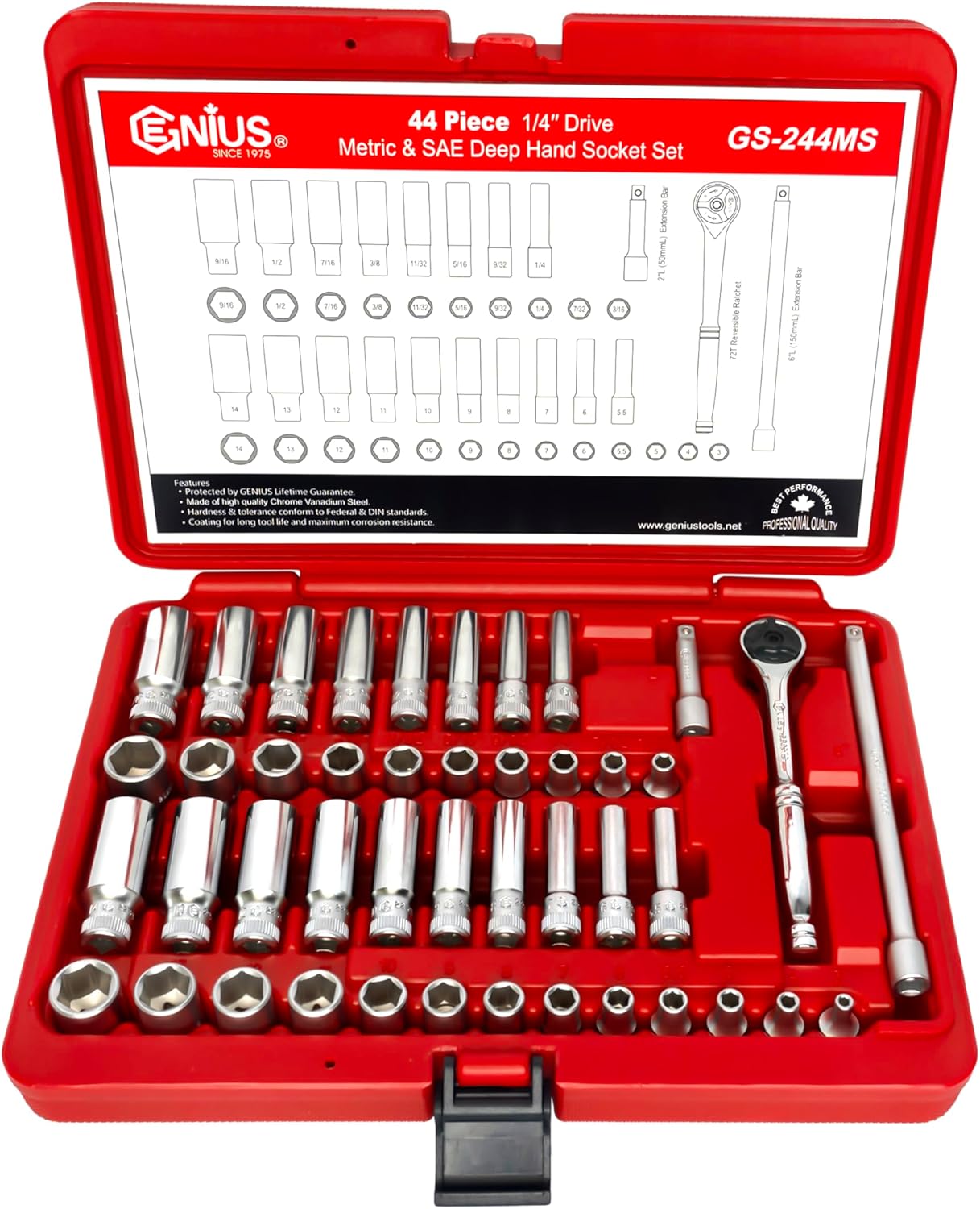 GENIUS TOOLS 44 Piece 1/4" Dr. Metric & SAE Deep Hand Socket Set with ...