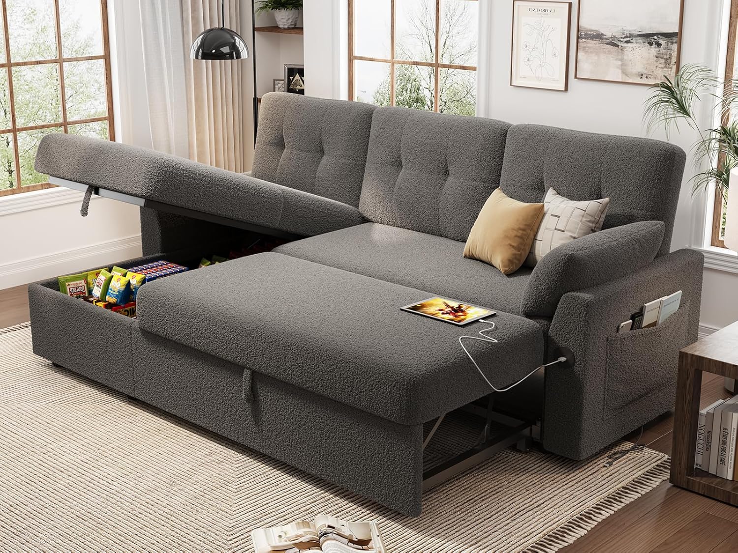 Amazon.com: KKL 85 inch Sofa Bed Couch with Storage Chaise, Pull Out ...