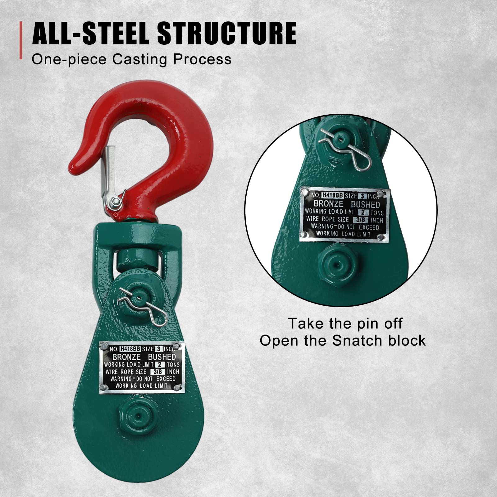 (similar)frperce 2 Ton Snatch Block with Hook Fit 3 inch Sheave 3/8 ...