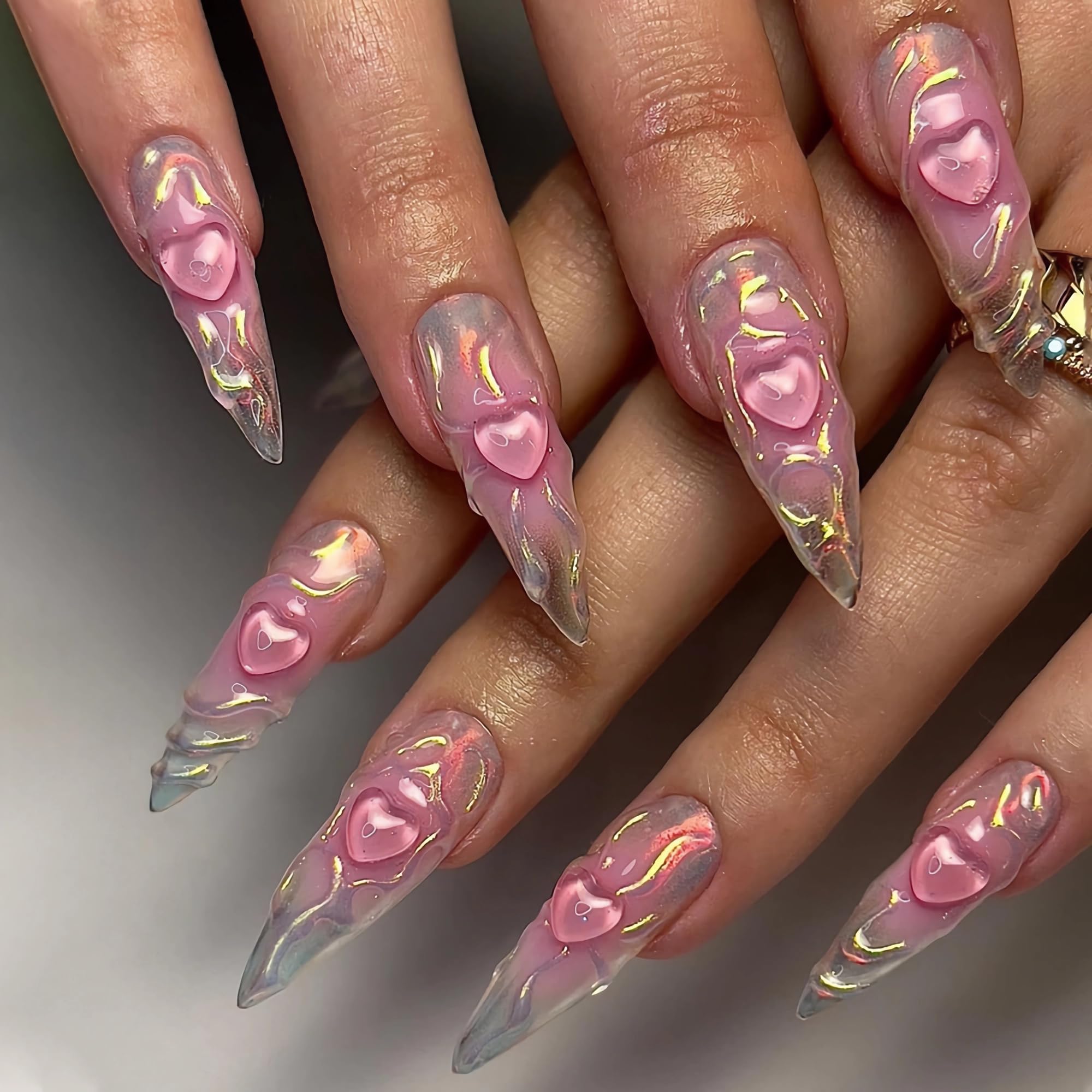 Amazon.com: BABALAL Long Stiletto Press on Nails Pink Fake Nails 3D ...