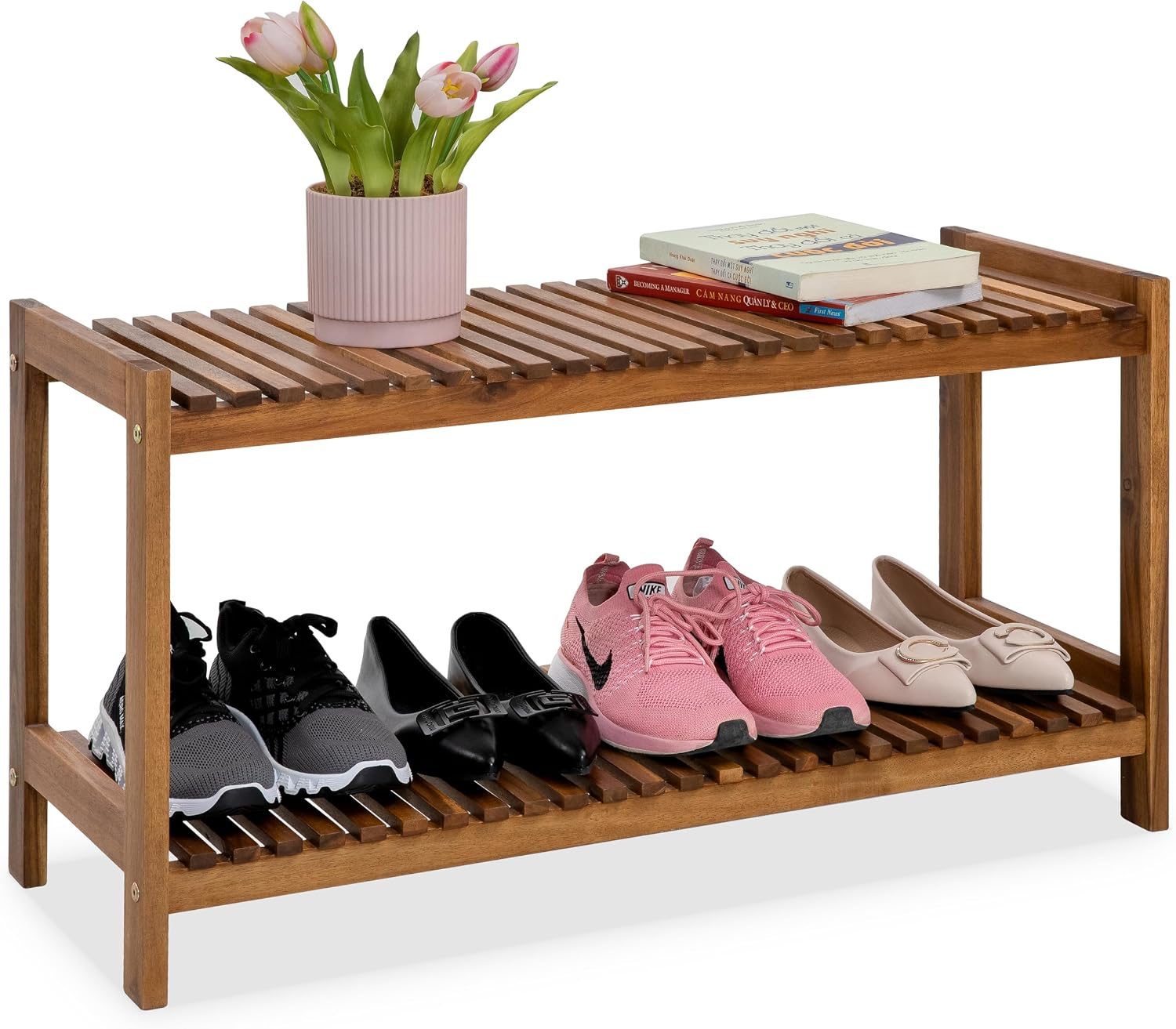 Amazon.com: VICTORY RELAX 2-Tier Long Acacia Wood Shoe Rack, Wide ...