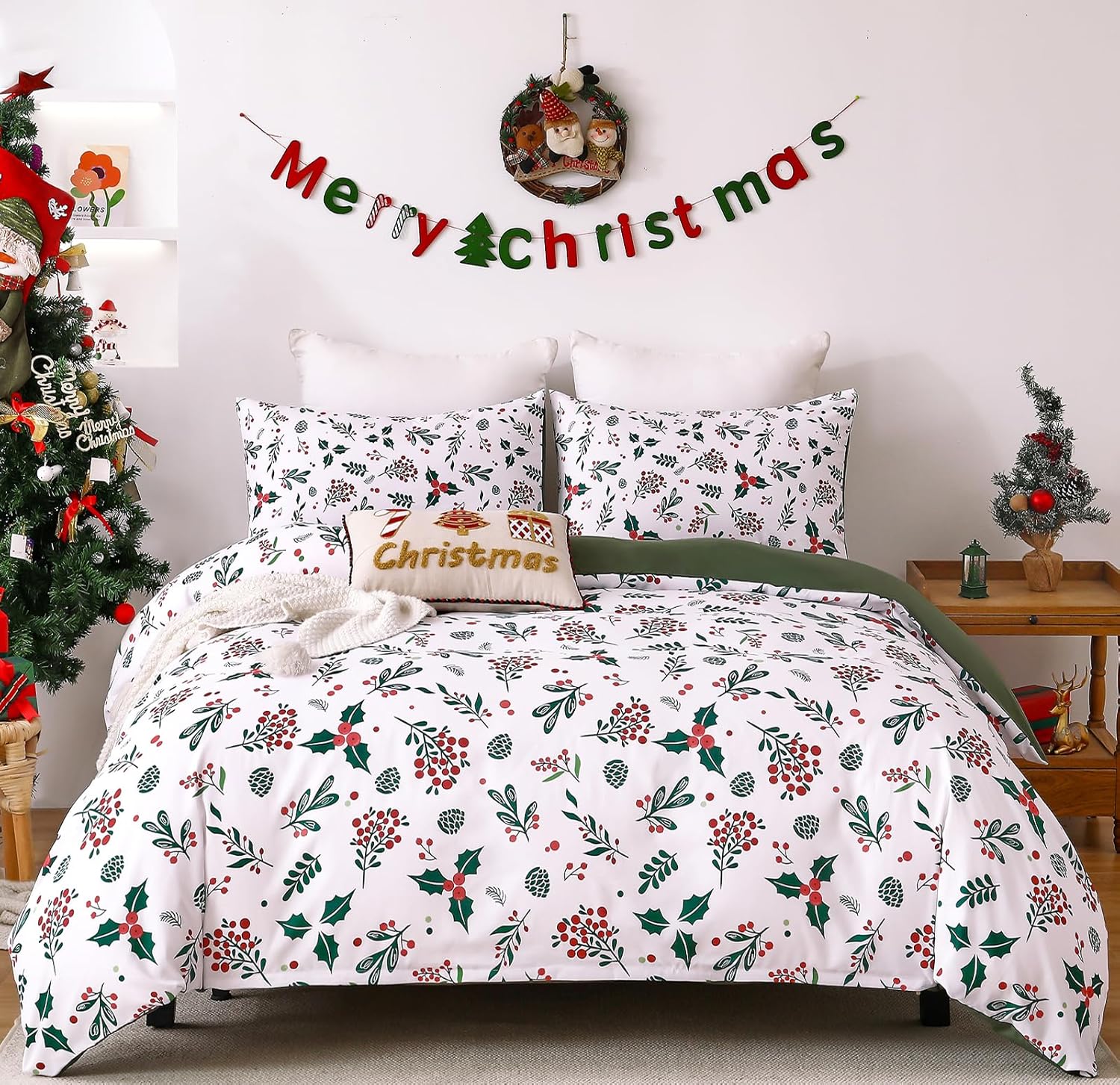 Amazon.com: WONGS BEDDING Christmas Duvet Cover Set Queen,Merry Christmas Printed Bedding Duvet ...