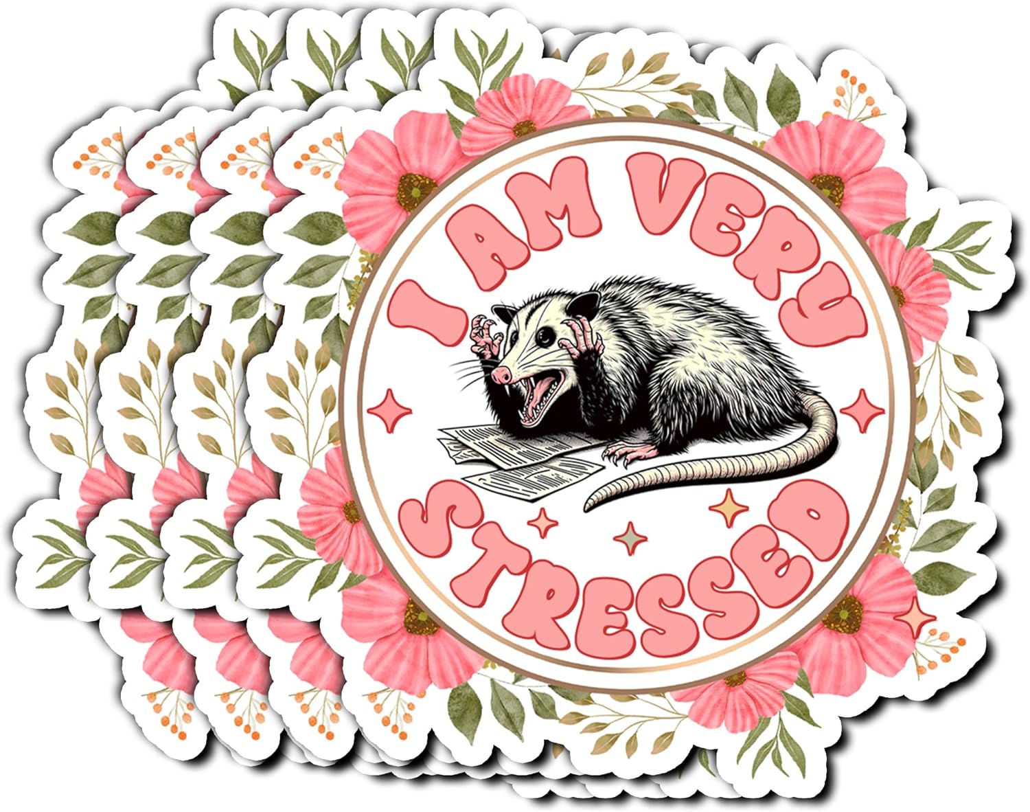 Amazon.com: Pack 4PCS I Am Very Stressed Stickers Cute Opossum Flowers ...