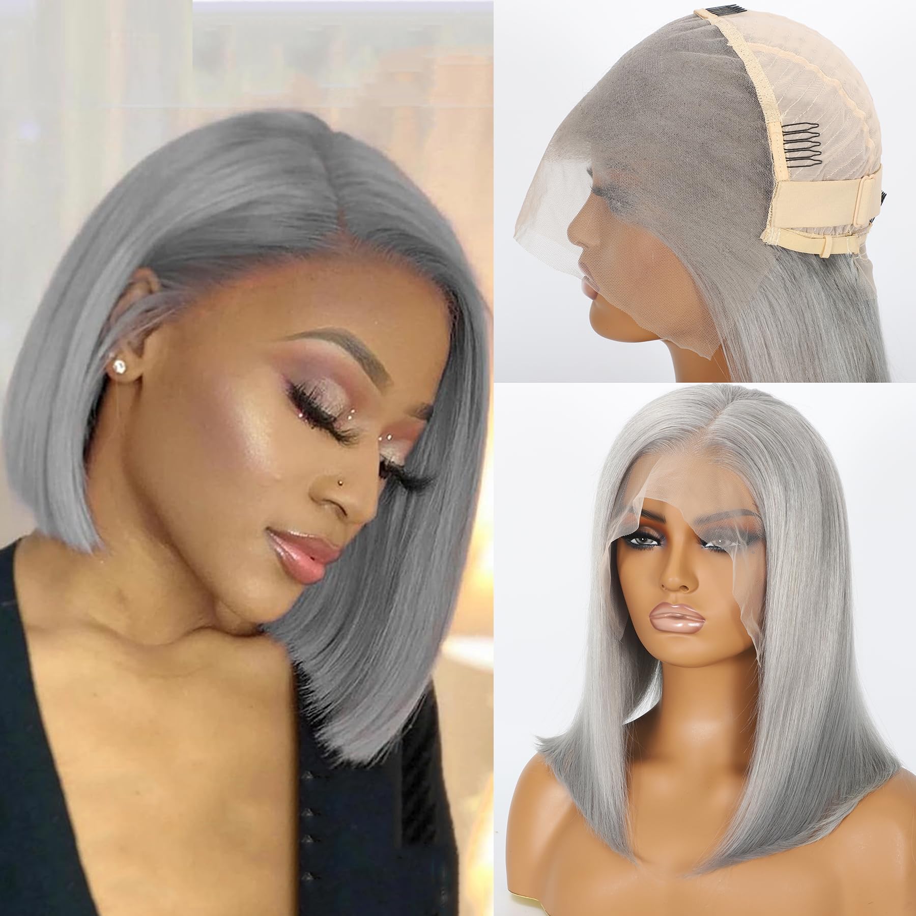 Amazon.com : CBQHTY Grey Color Full 13x6 Bob Lace Frontal Wig Human ...