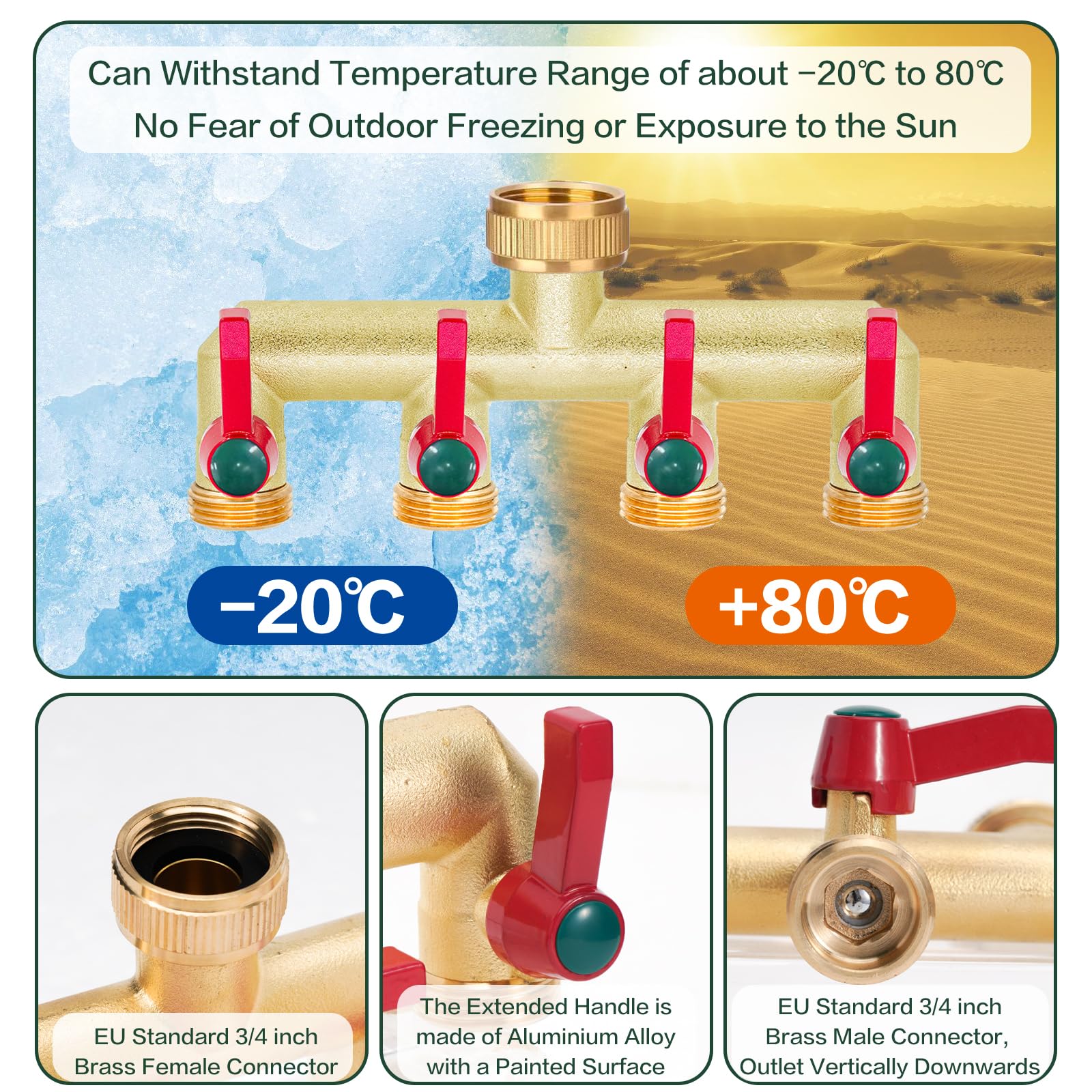 iBamso Solid Brass Garden Hose Splitter, 4 Way Tap Splitter with On/Off ...