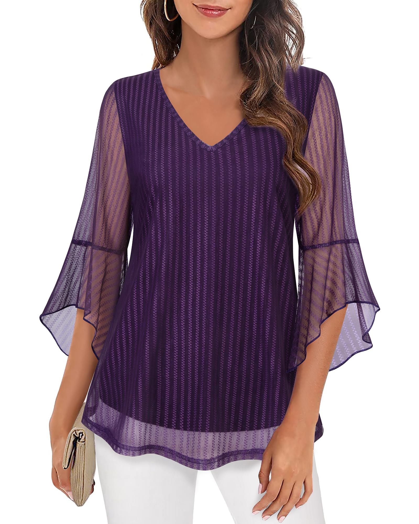 Lotusmile Women's Fancy Blouses Double Layers Mesh Dressy Tops 3/4 ...