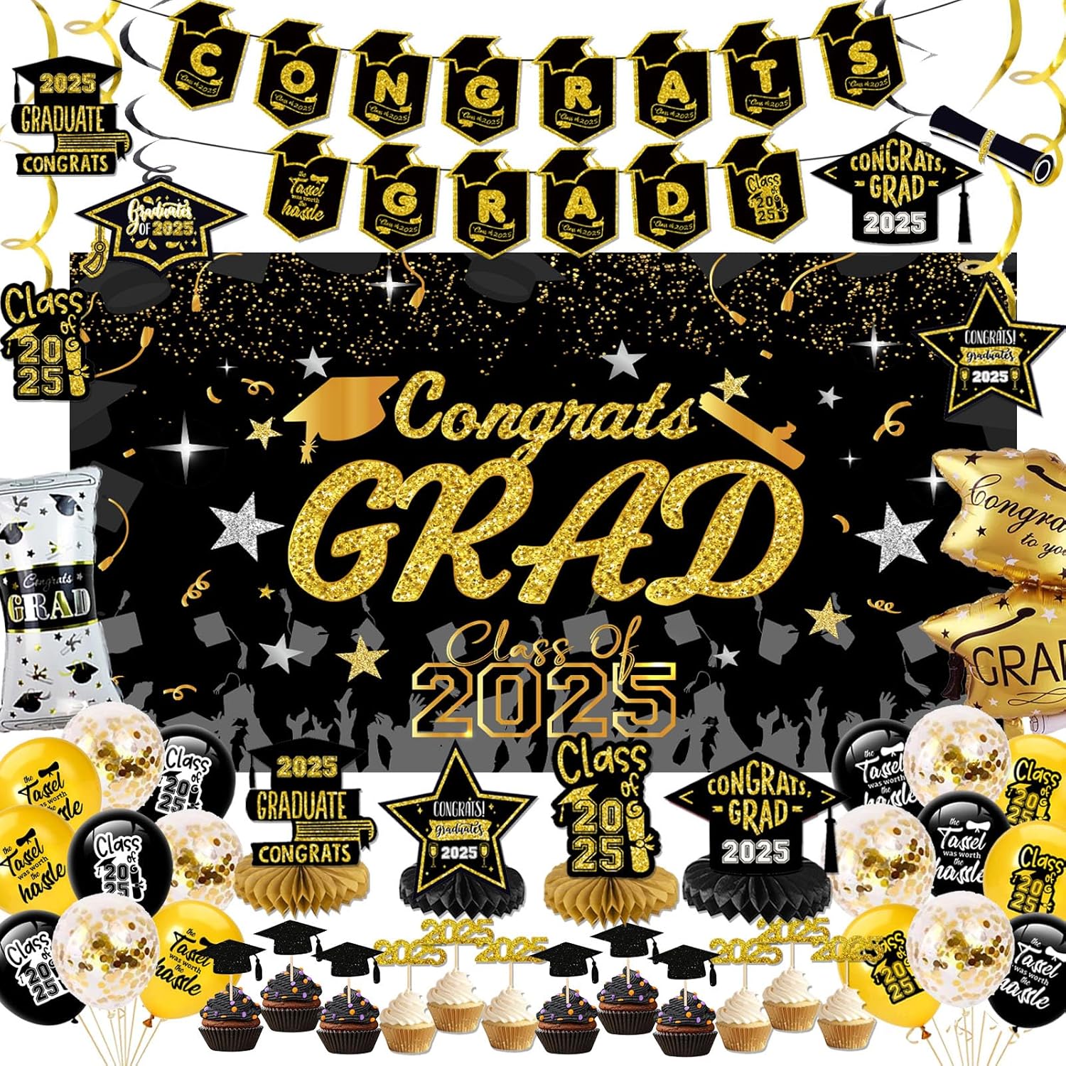 Amazon.com: Graduation Decorations 2025-Black and Gold Graduation Party ...