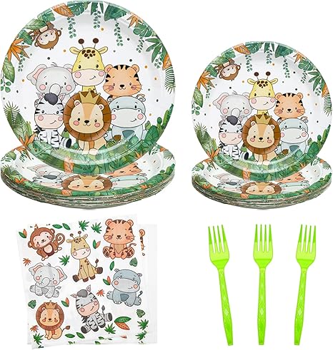 Amazon.com: 96 Pcs Jungle Zoo theme Tableware Set Green Animals Theme ...
