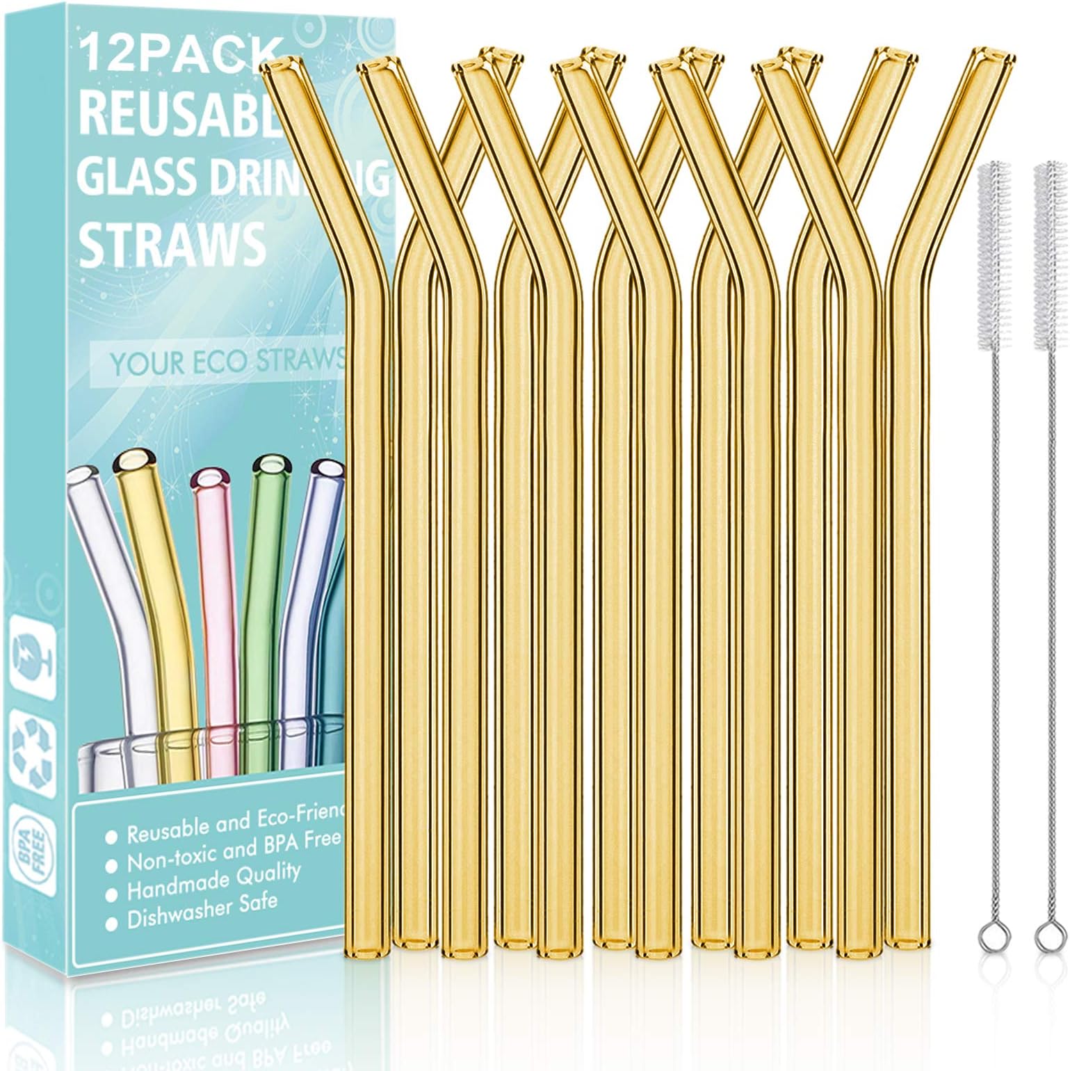 Amazon.com: Reusable Bent Glass Drinking Straws,Set of 12 Bent Straws ...