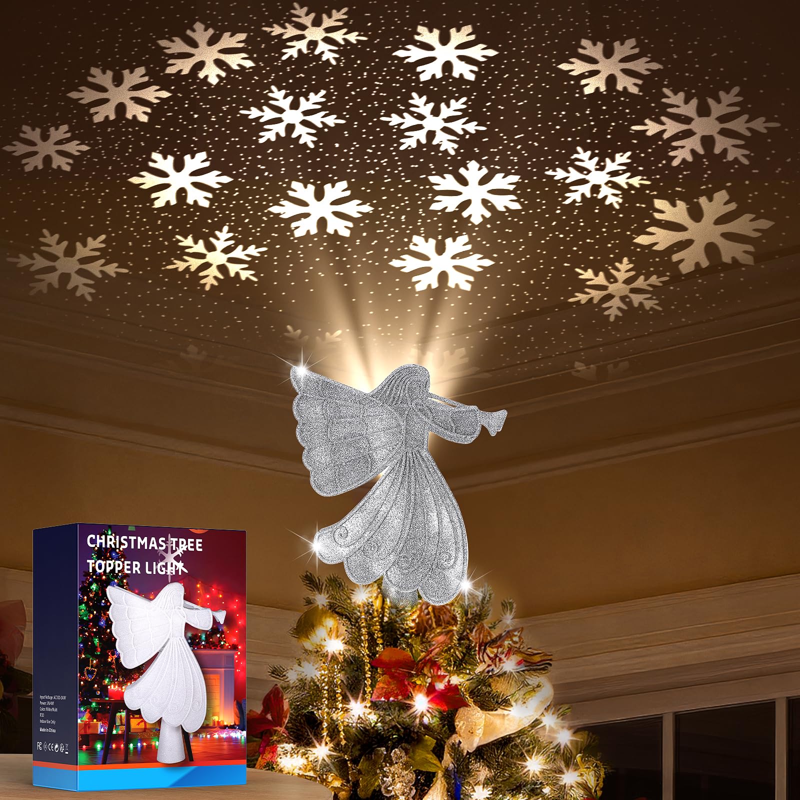 Allnice Christmas Tree Topper with Snowflake Projector Lights Xmas ...