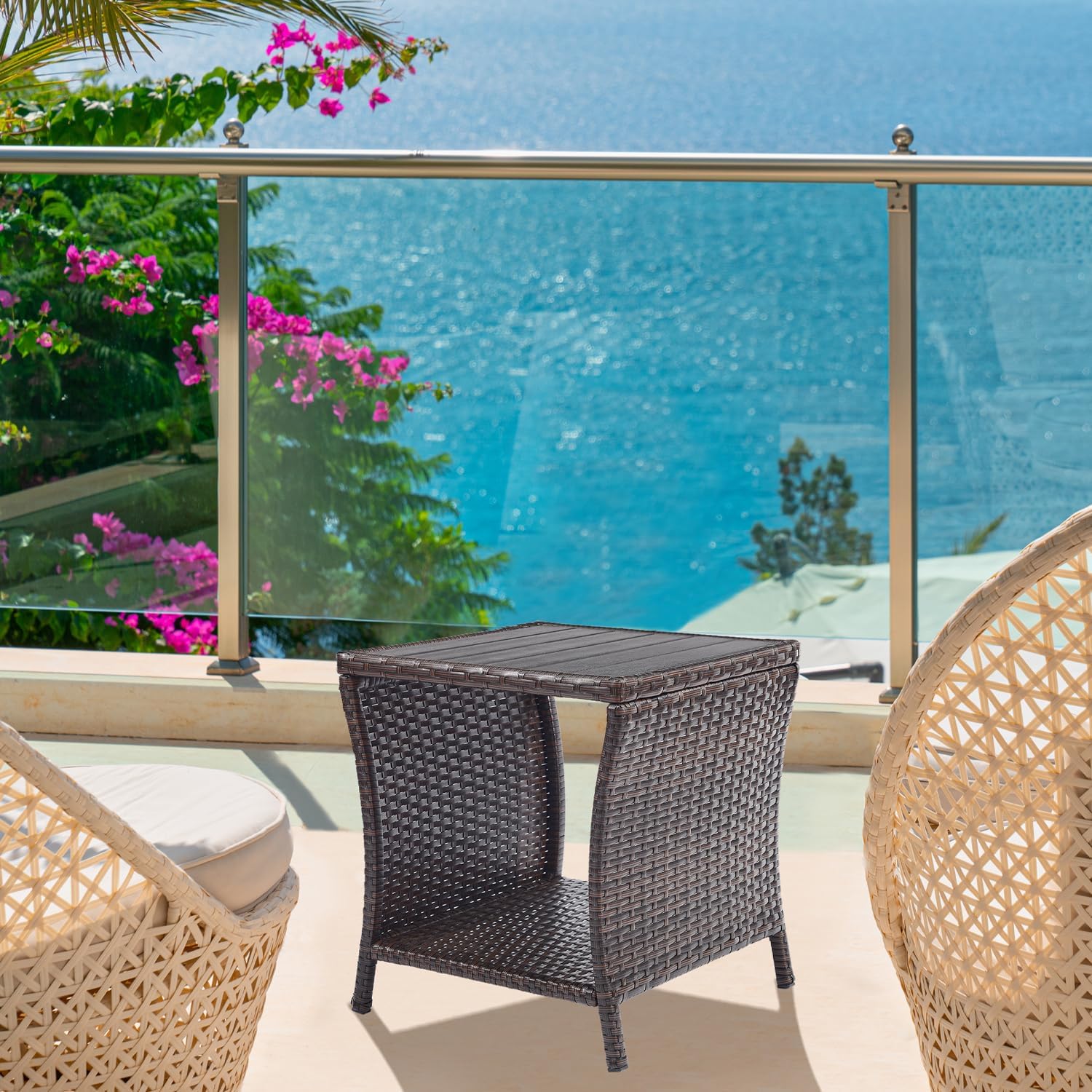 Outdoor Patio Side Table Small Brown Wicker Rattan End Table for ...