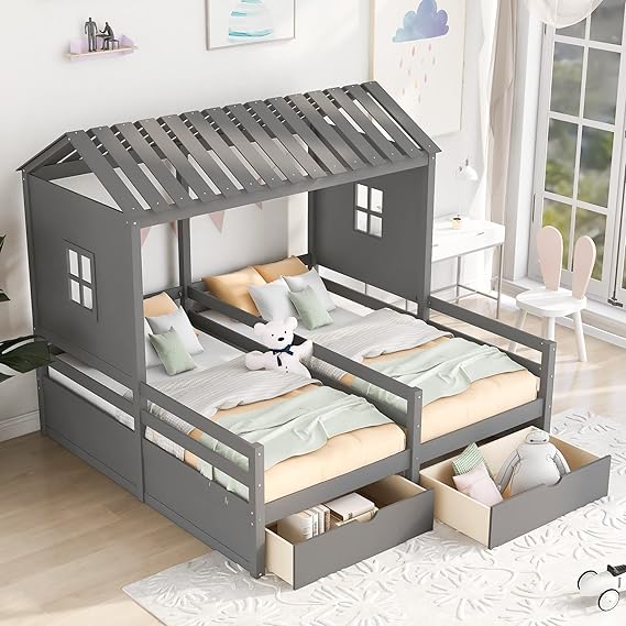 Amazon.com: Bellemave Kids House Bed Twin Platform Beds for 2, Wooden ...
