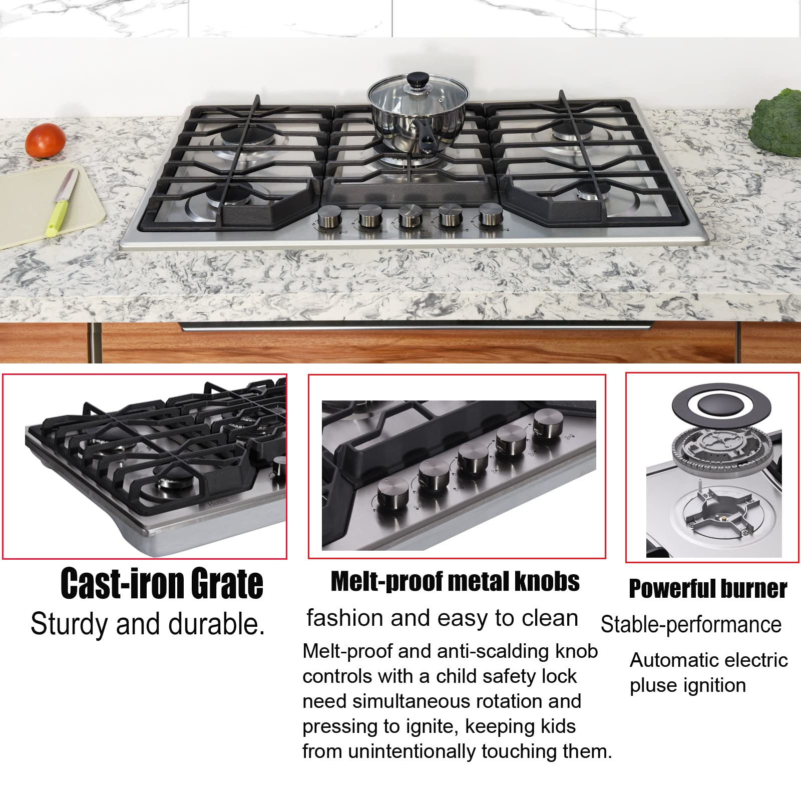 Snapklik.com : 5 Burners 34 Inch Gas Cooktop, 36000 BTU Stainless Steel ...