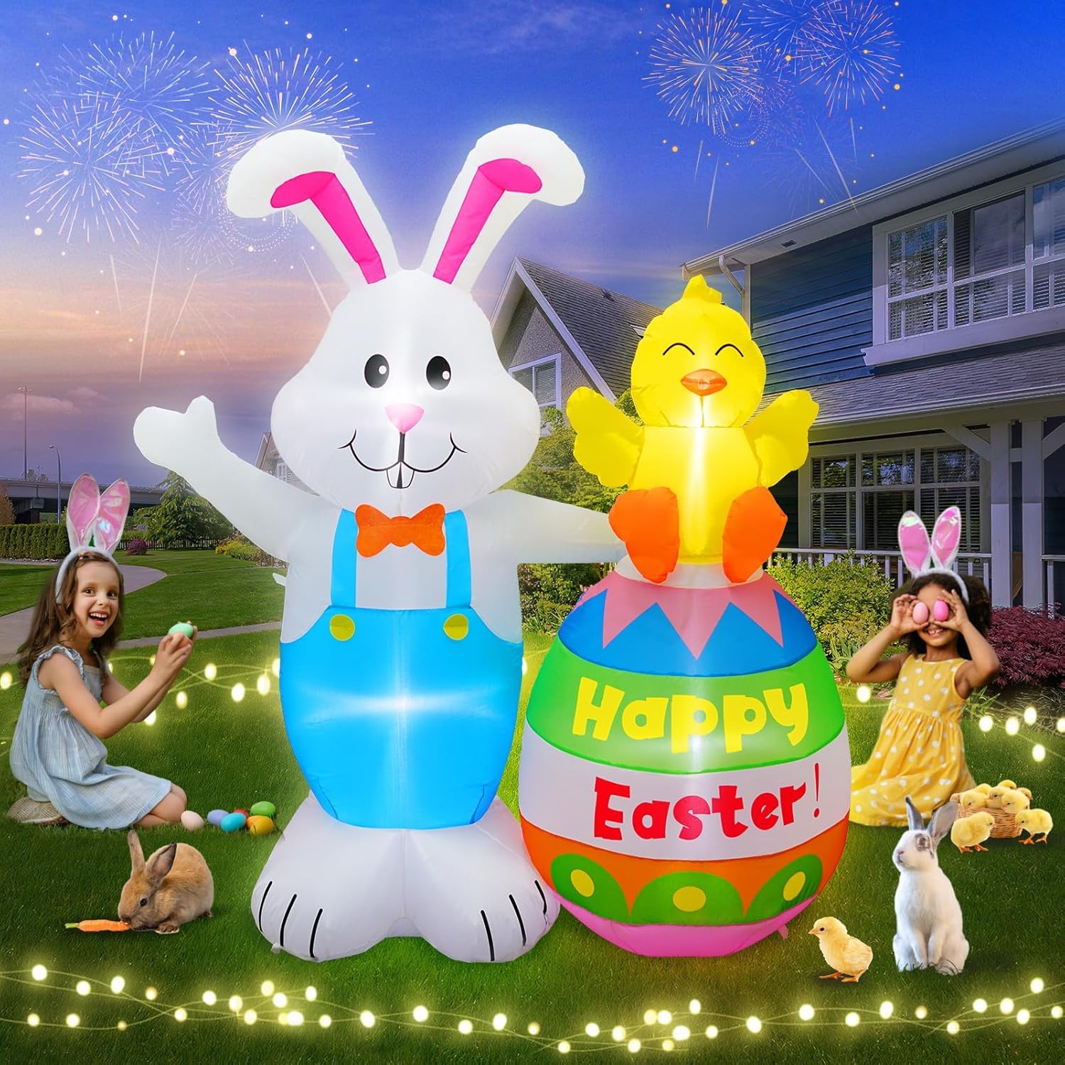 Amazon.com: PARAYOYO 6FT Easter Inflatables Bunny & Chick Sitting on ...