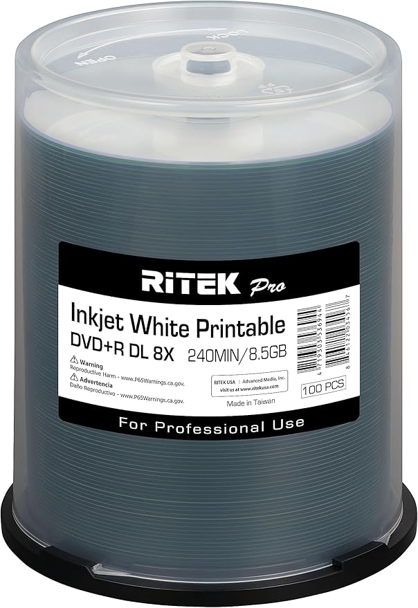 Amazon.com: 100 Pack Ritek Pro (Professional Grade) DVD+R DL Dual Layer 8X 8.5GB White Inkjet ...