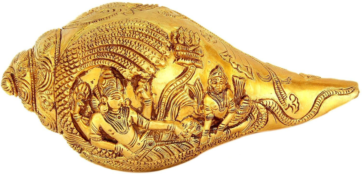 Exotic India Conch with Lord Vishnu and Lakshmi Ji - Brass Sculpture ...