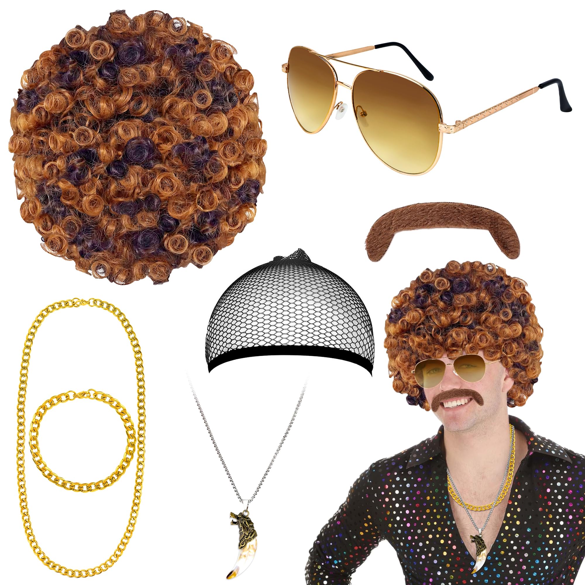 Horolam Lot de 7 perruques disco des années 70 et 80 avec lunettes ...