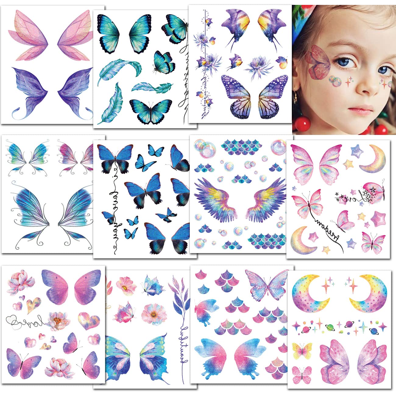 Amazon.com : CHARLENT Glitter Butterfly Tattoos for Girls Women - 12 ...
