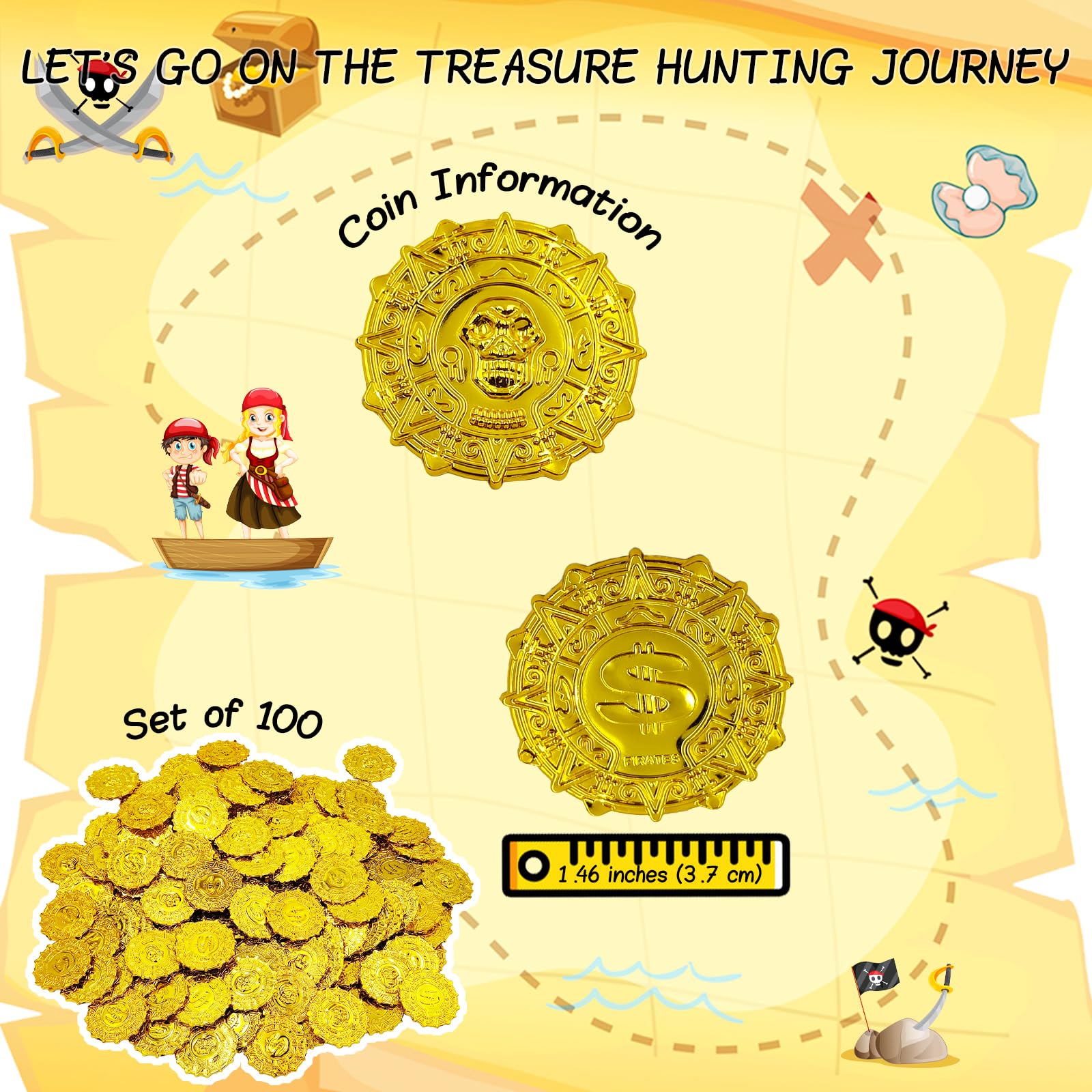 Snapklik.com : Gold Pirate Coins Set Of 100, Plastic Gold Play Treasure ...