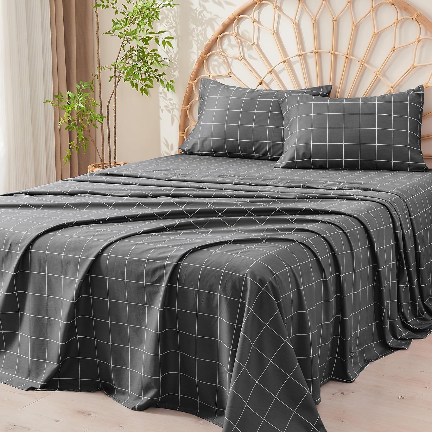 Amazon.com: JELLYMONI 4Pcs Plaid Sheet Sets, 100% Natural Cotton Sheets ...