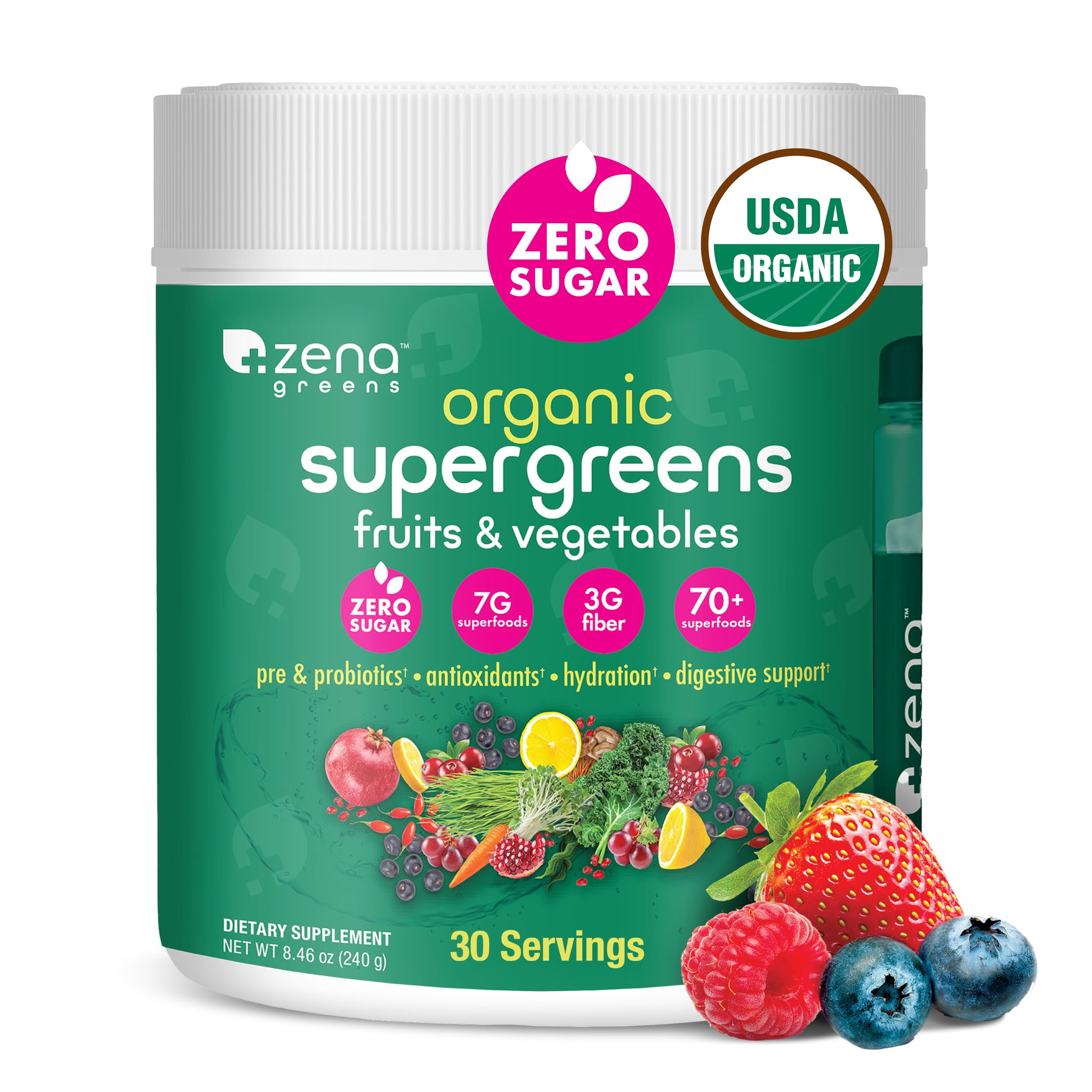 Amazon.com: Zena Organic Super Greens Powder, 70+ Superfoods Drink Mix, 0 Sugar, 3G Fiber ...