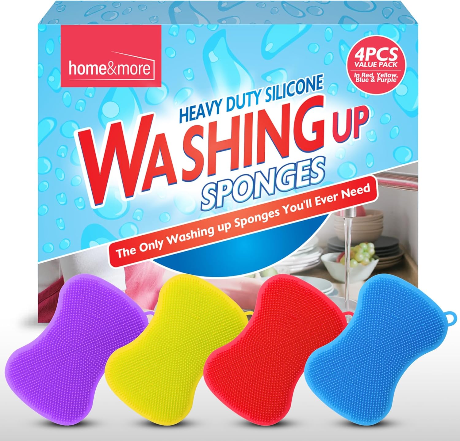SOL 4pk Heavy Duty Silicone Washing Up Sponges 7.8 cm x 12cm Reusable ...