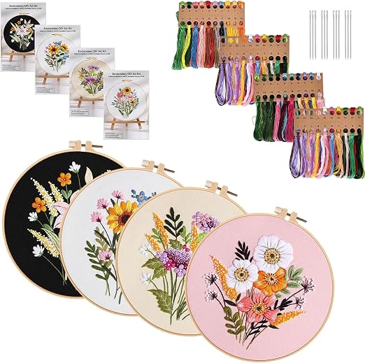 Amazon.com: CHWANG Embroidery Starter Kit 4 Pack Floral Cross Stitch ...