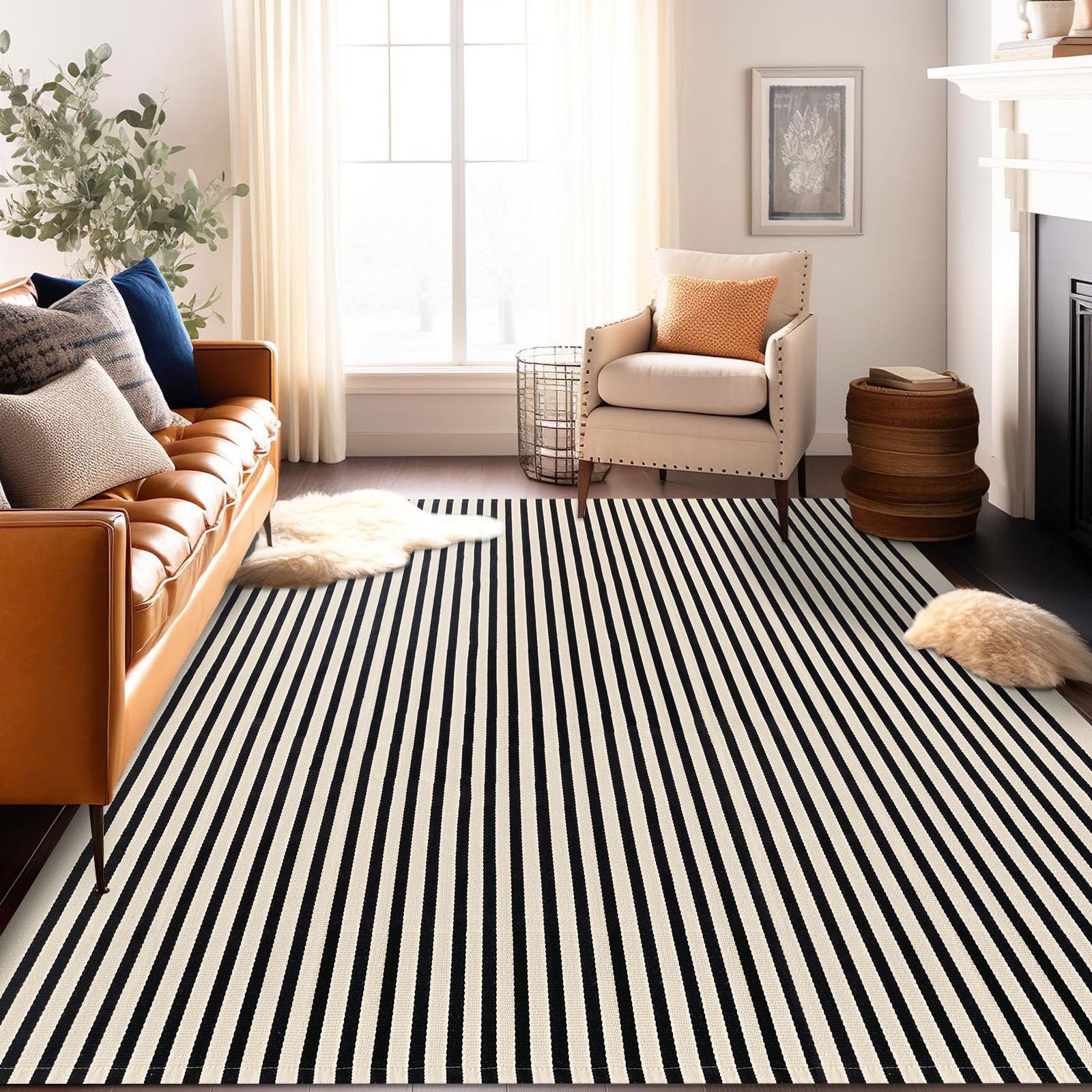 IOHOUZE Black Beige Striped Rug -8'x10' Indoor Outdoor Rug, Washable ...