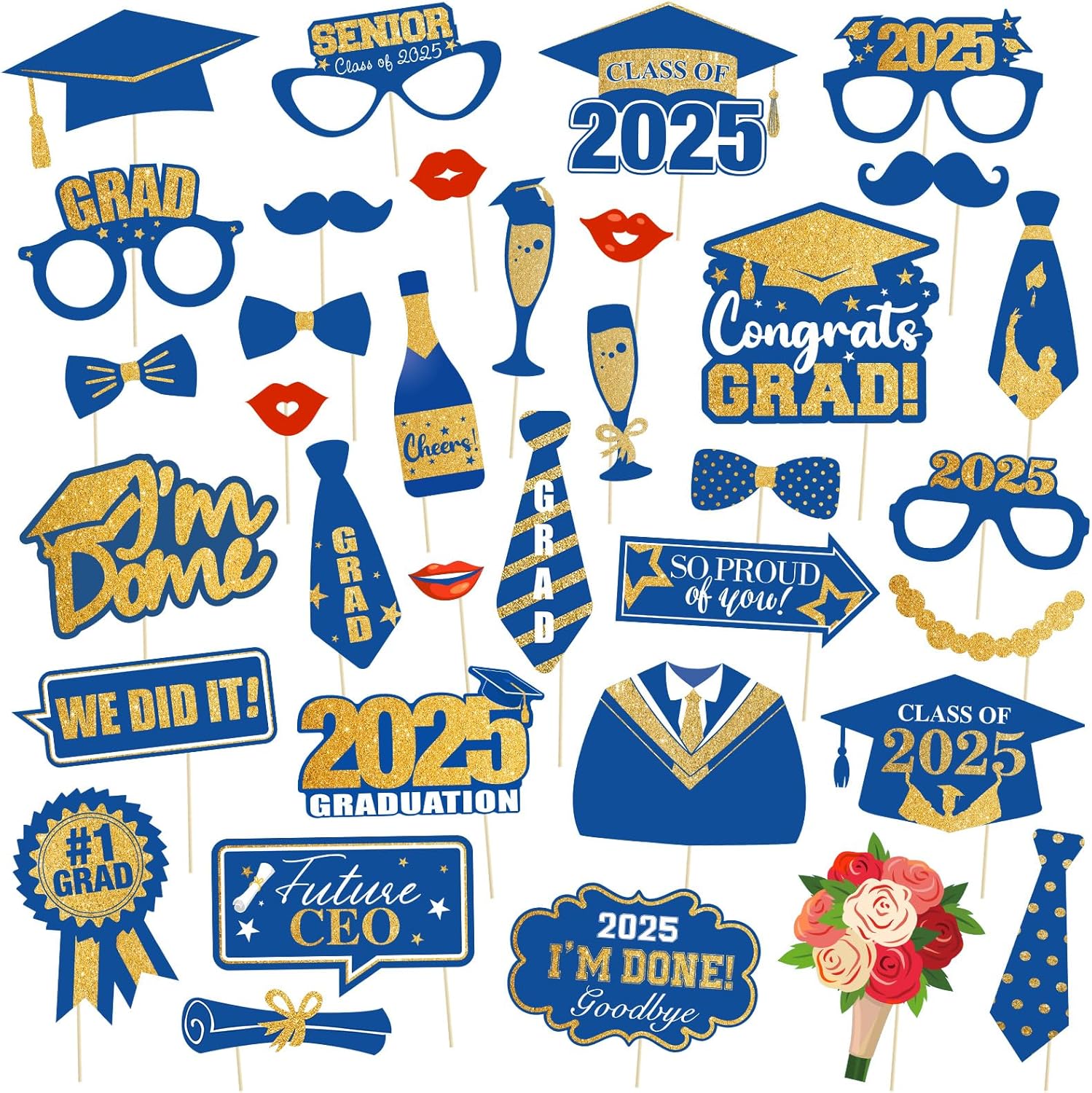 Amazon.com: Happy Graduation 2026 Photo Booth Props 35pcs Blue Gold ...