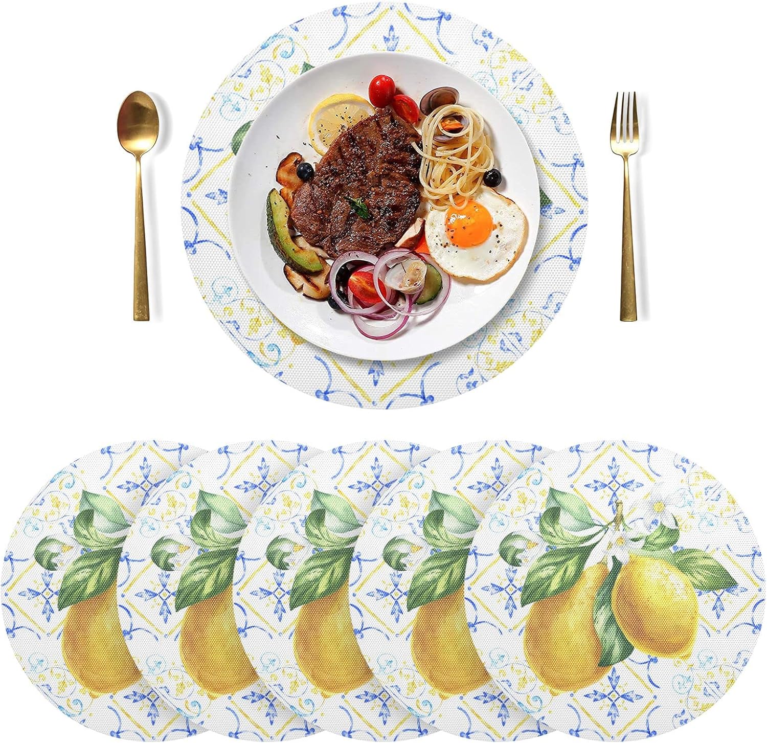 Amazon.com: Lemon Mediterranean Tile Round Placemats Set of 6, Heat ...