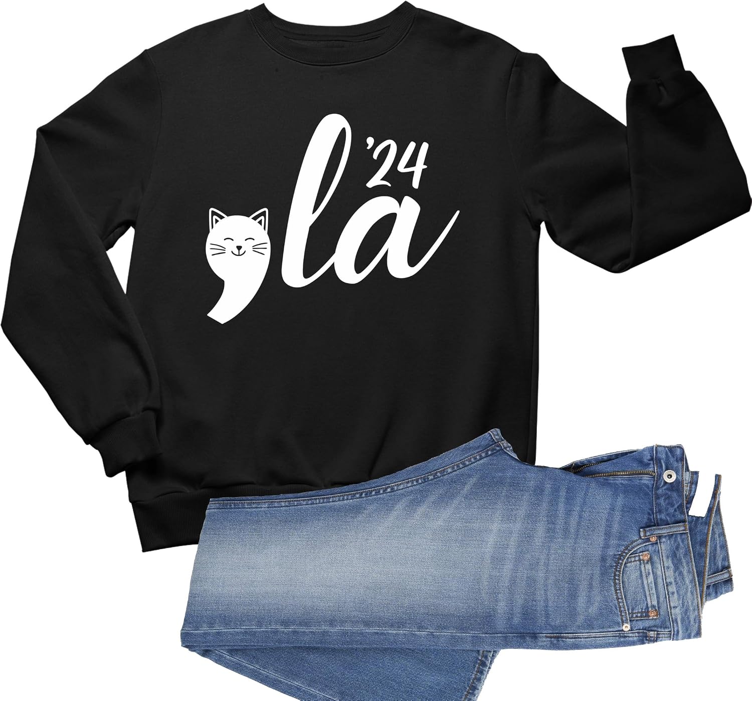 Amazon.com: Go All Out Cat Face Comma La - Sudadera con cuello redondo ...