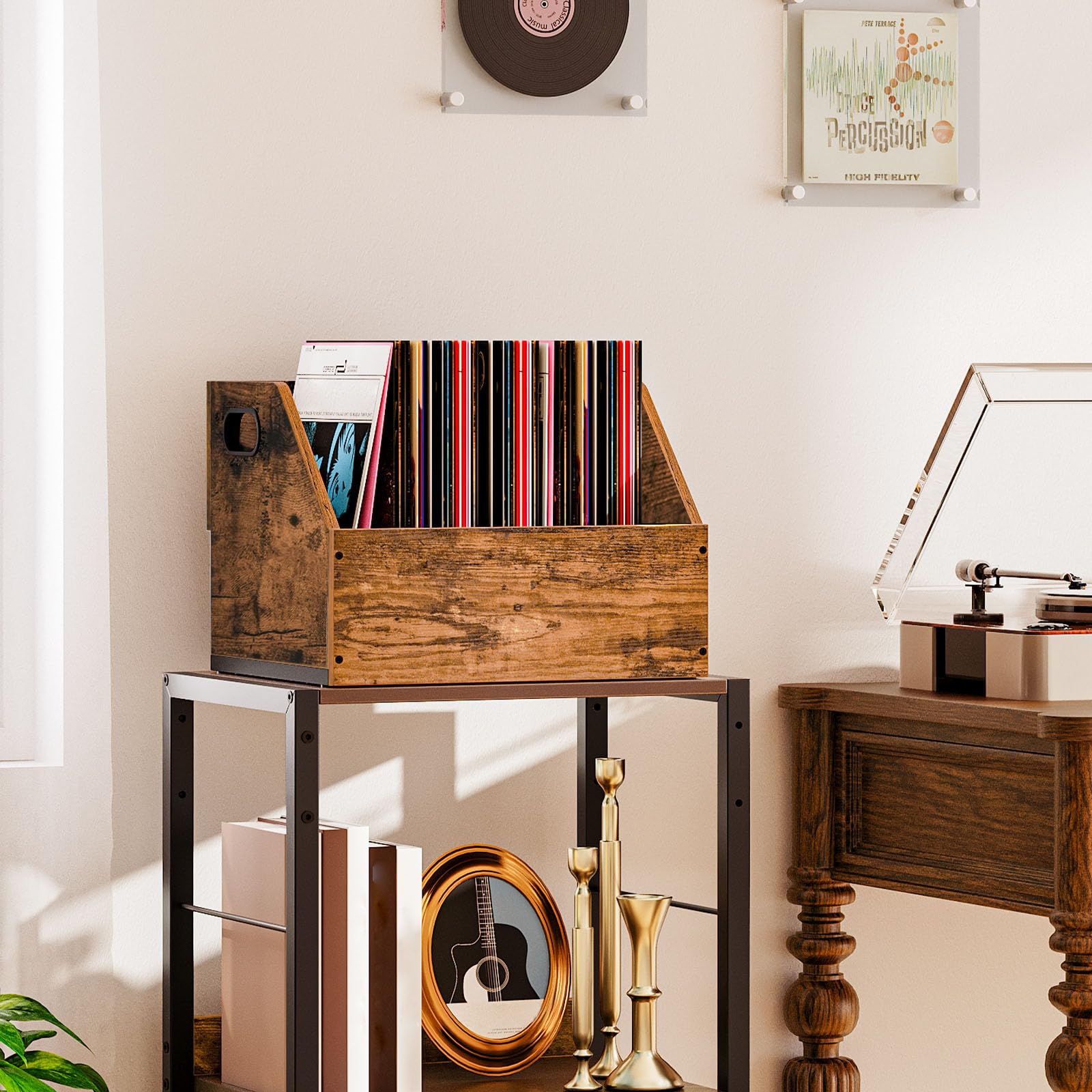 HOOBRO Vinyl Record Storage Crate, Record Holder, Wooden & Metal LP ...