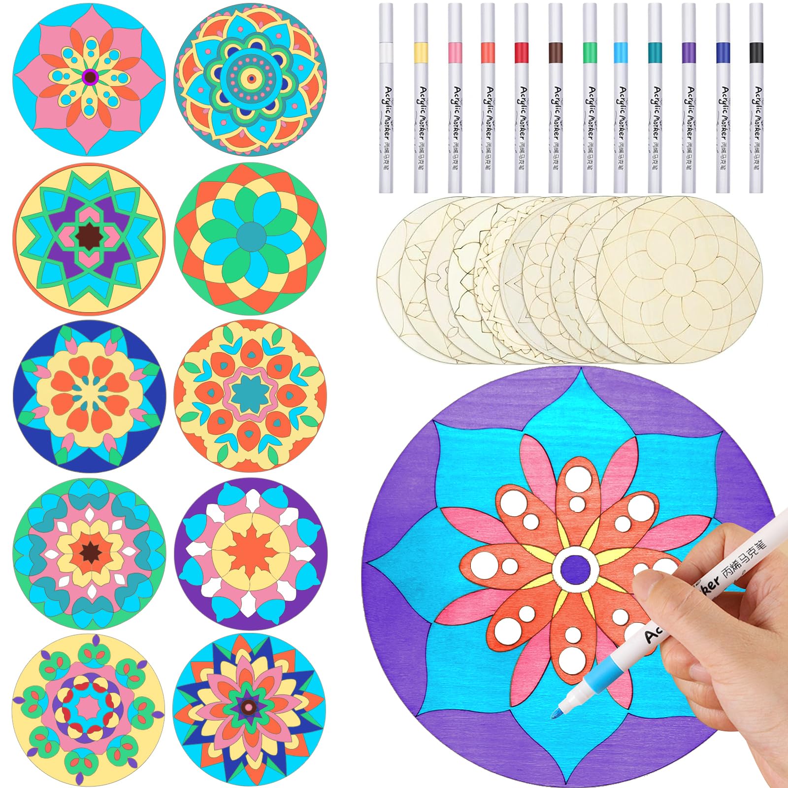 Amazon.com: DNCHGOYA 7.8Inch Wooden Mandala Painting Set 10Pcs Mandala ...