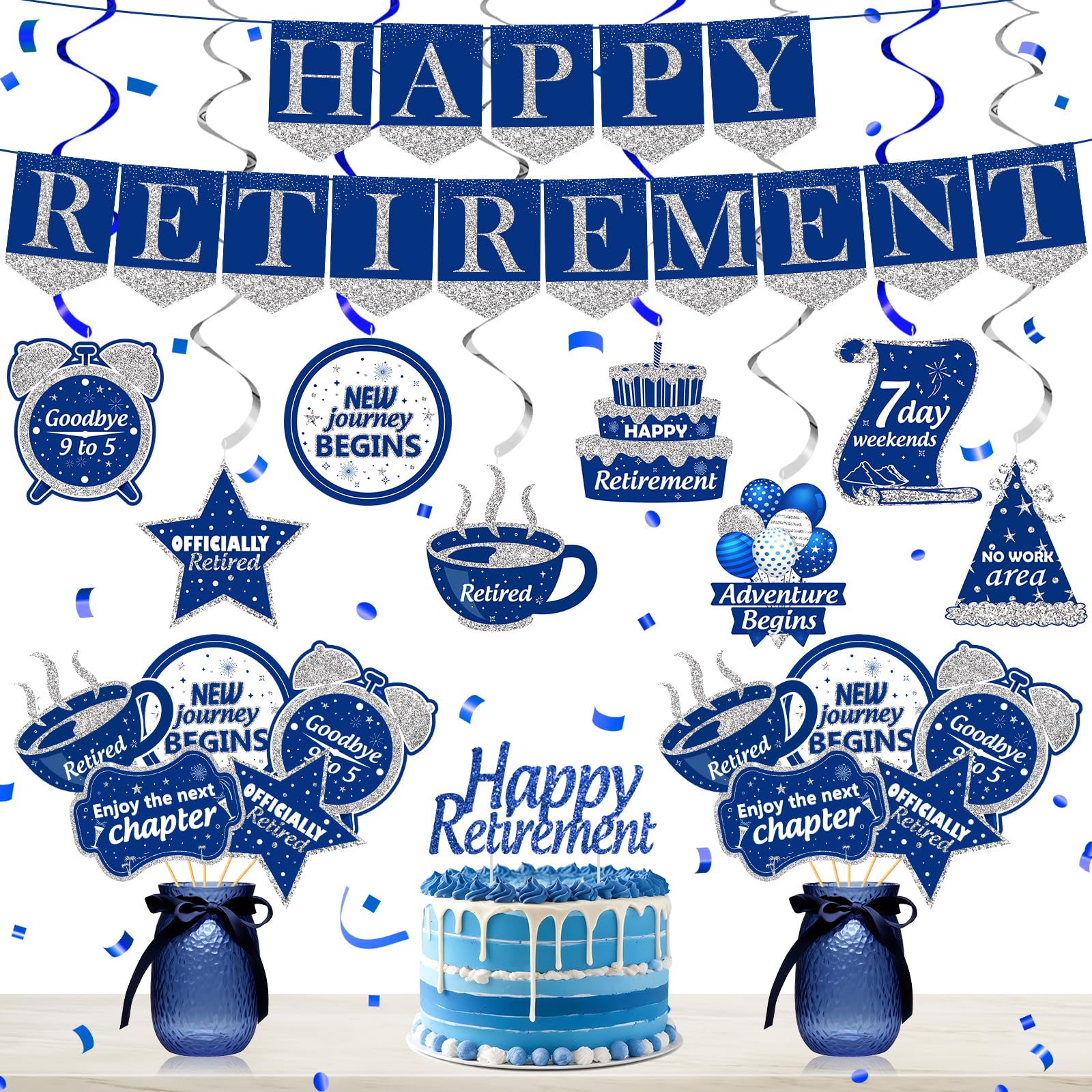 Amazon.com: 38Pcs Blue Retirement Party Decorations Set Navy Blue ...