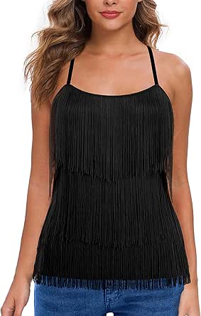 MANER Women’s Fringe Top Tassel Trim Cami Spaghetti Strap Tank Tops at ...