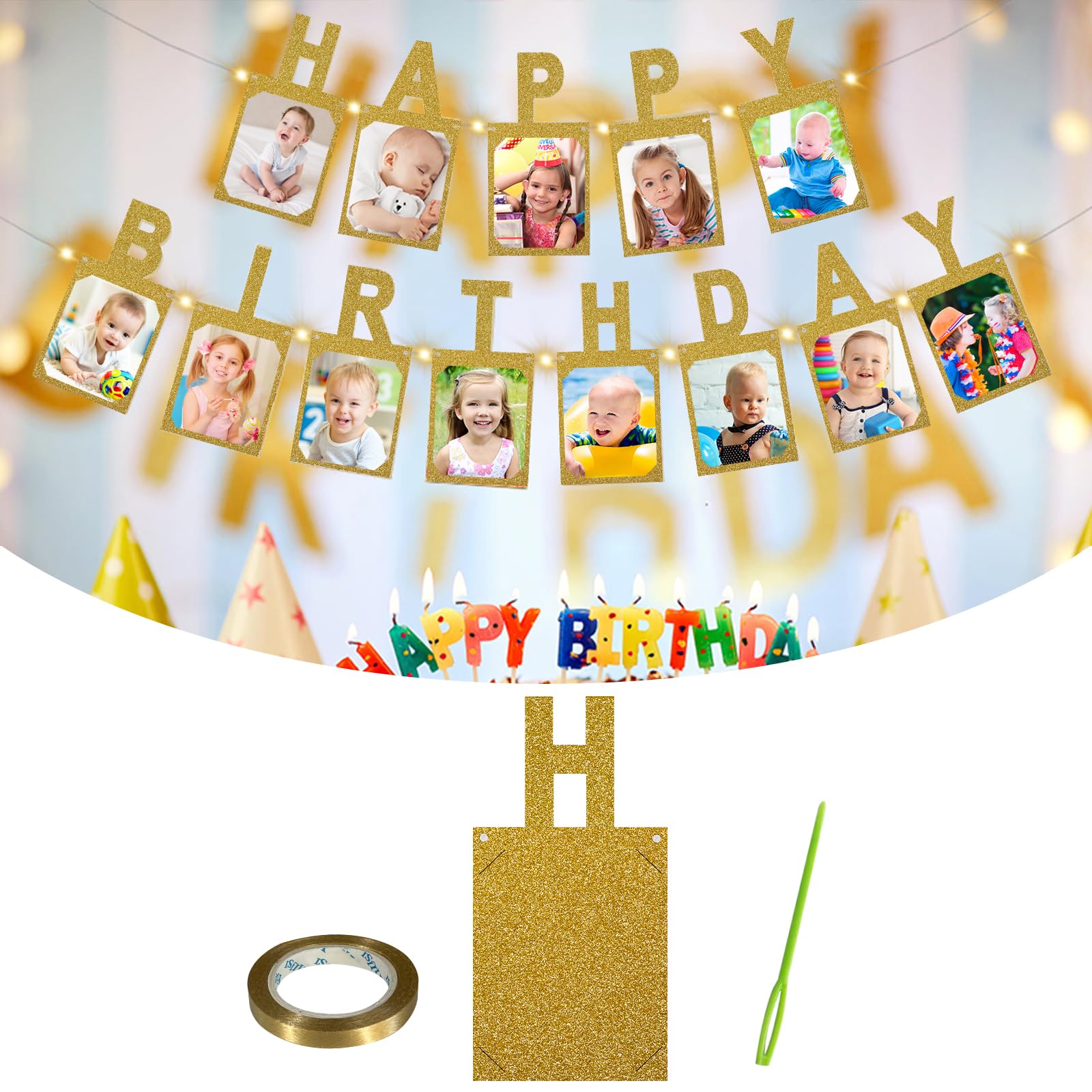 Amazon.com: Gold Happy Birthday Photo Banner - Happy Birthday Monogram ...