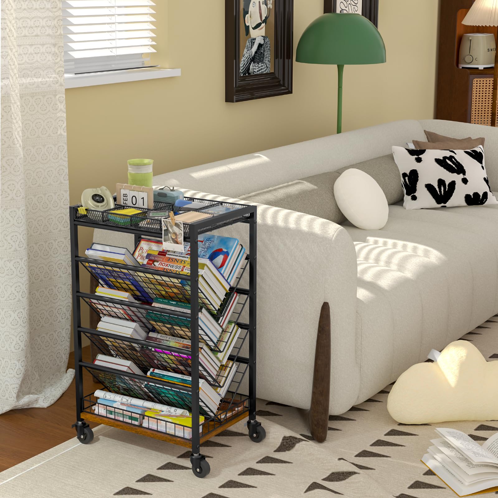 8 Tier Mobile Book Cart with Wheels: Rolling Bookshelf with Storage ...