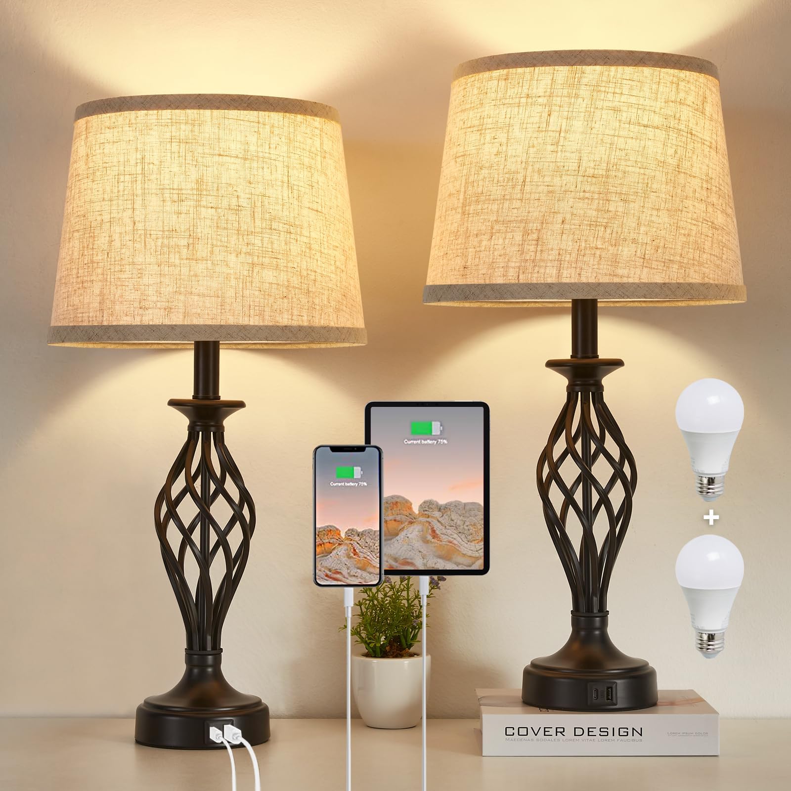 Table Lamp for Bedroom Set of 2 with USB C+A Ports, Modern Bedside ...