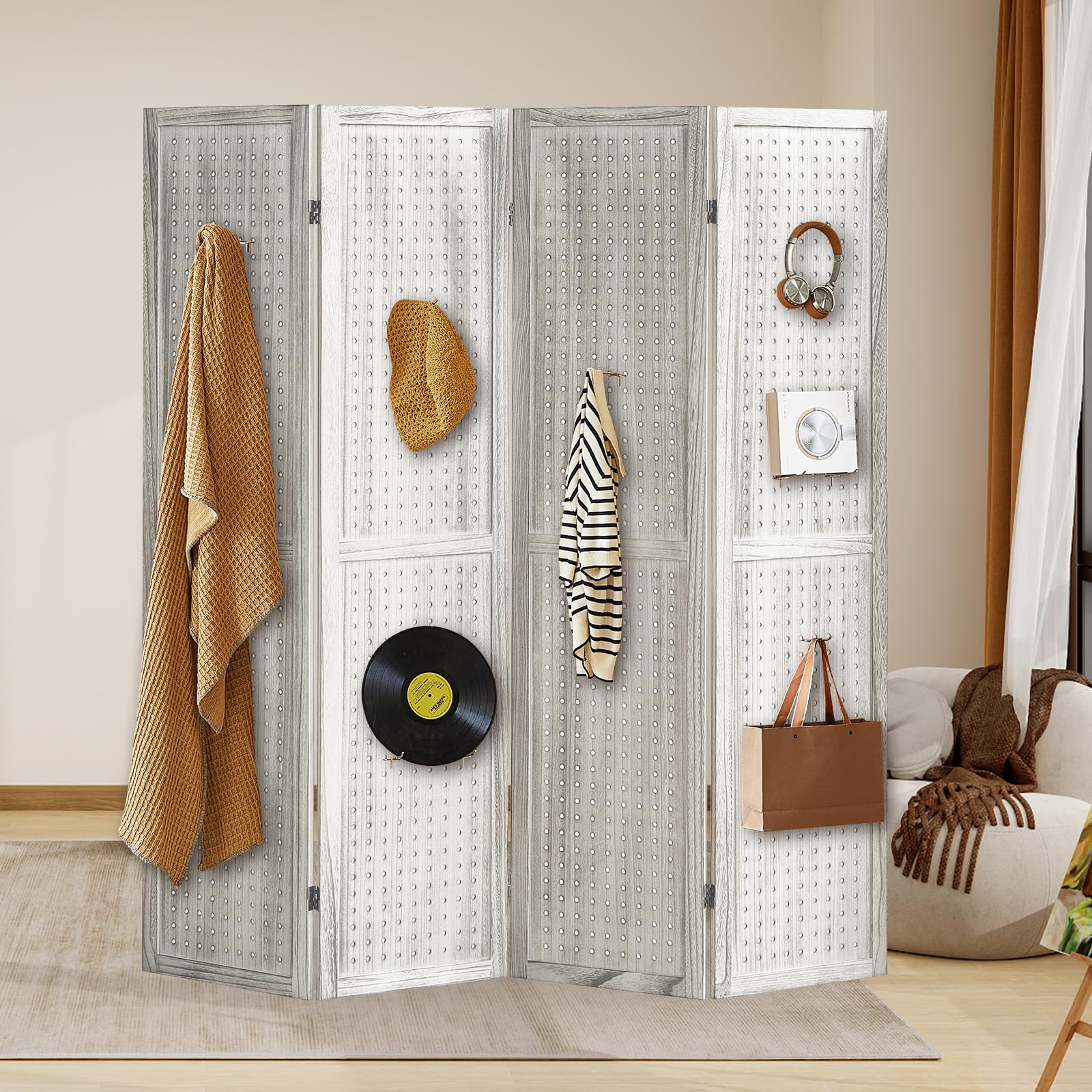 Amazon.com - Aleesing 4 Panel Pegboard Display with 16 Hooks, Wooden ...