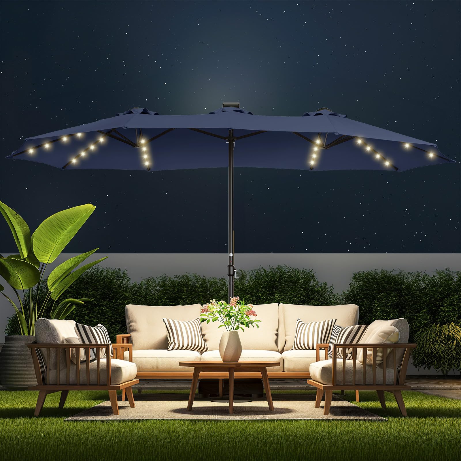 Double Sided Patio Umbrellas - 15ft Solar Lights LED Lighted Outdoor ...